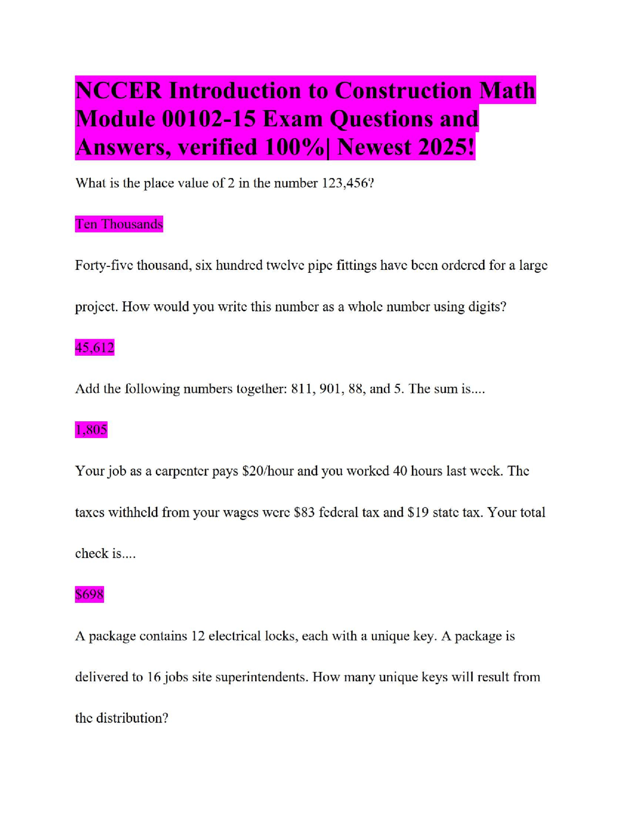 NCCER Introduction to Construction Math Module 00102-15 Exam Questions ...