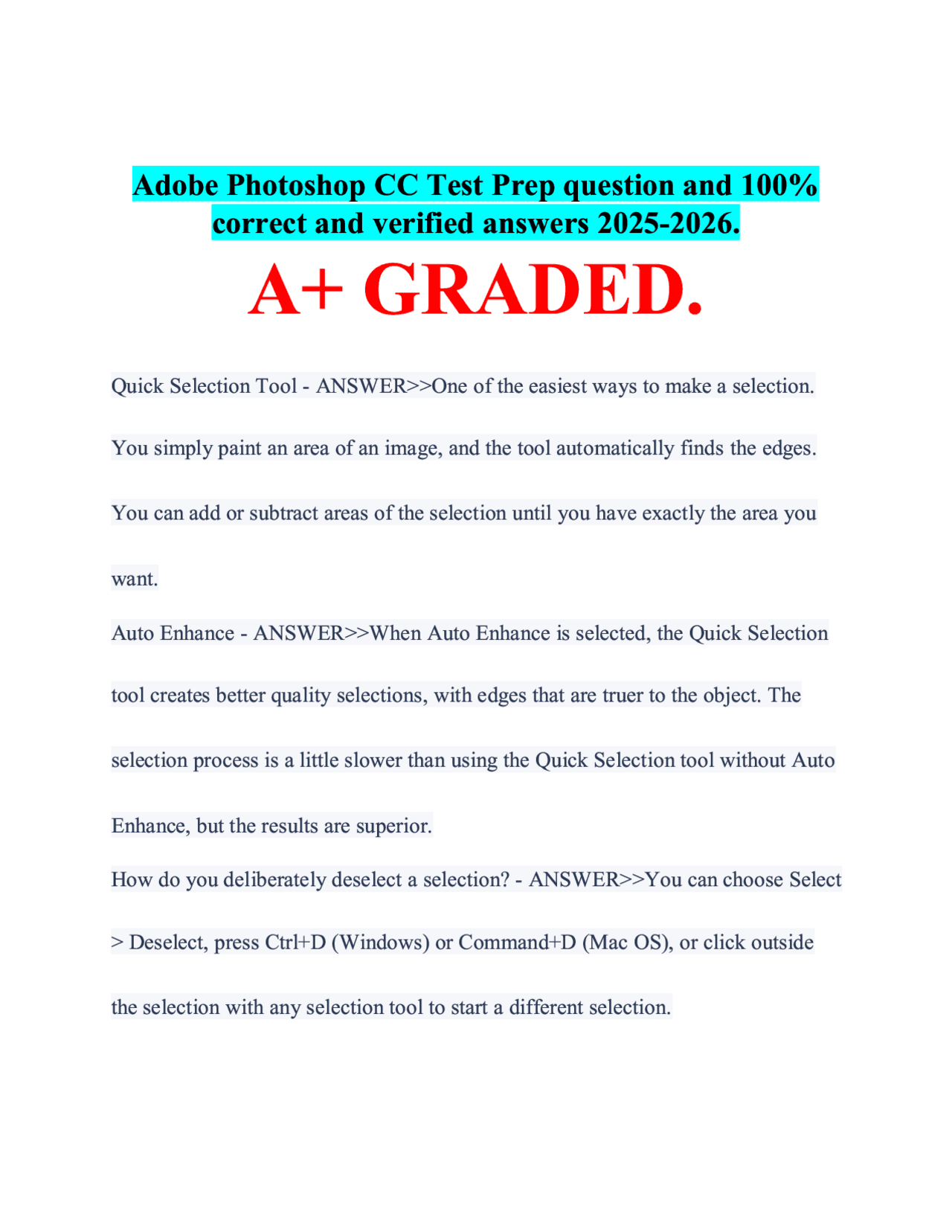 Adobe Photoshop CC Test Prep question and 100% correct and verified ...
