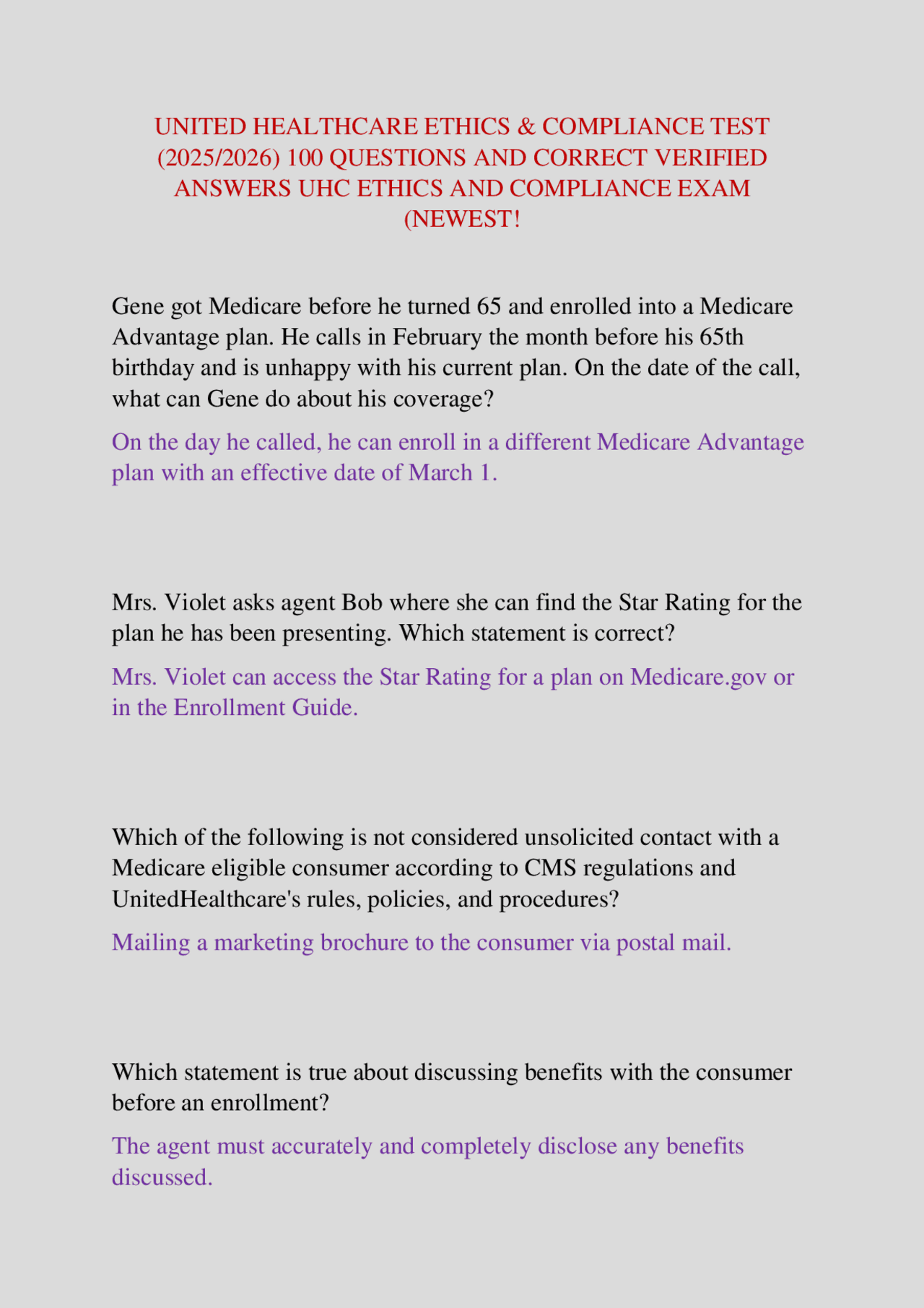 UNITED HEALTHCARE ETHICS & COMPLIANCE TEST (2025/2026) 100 QUESTIONS ...