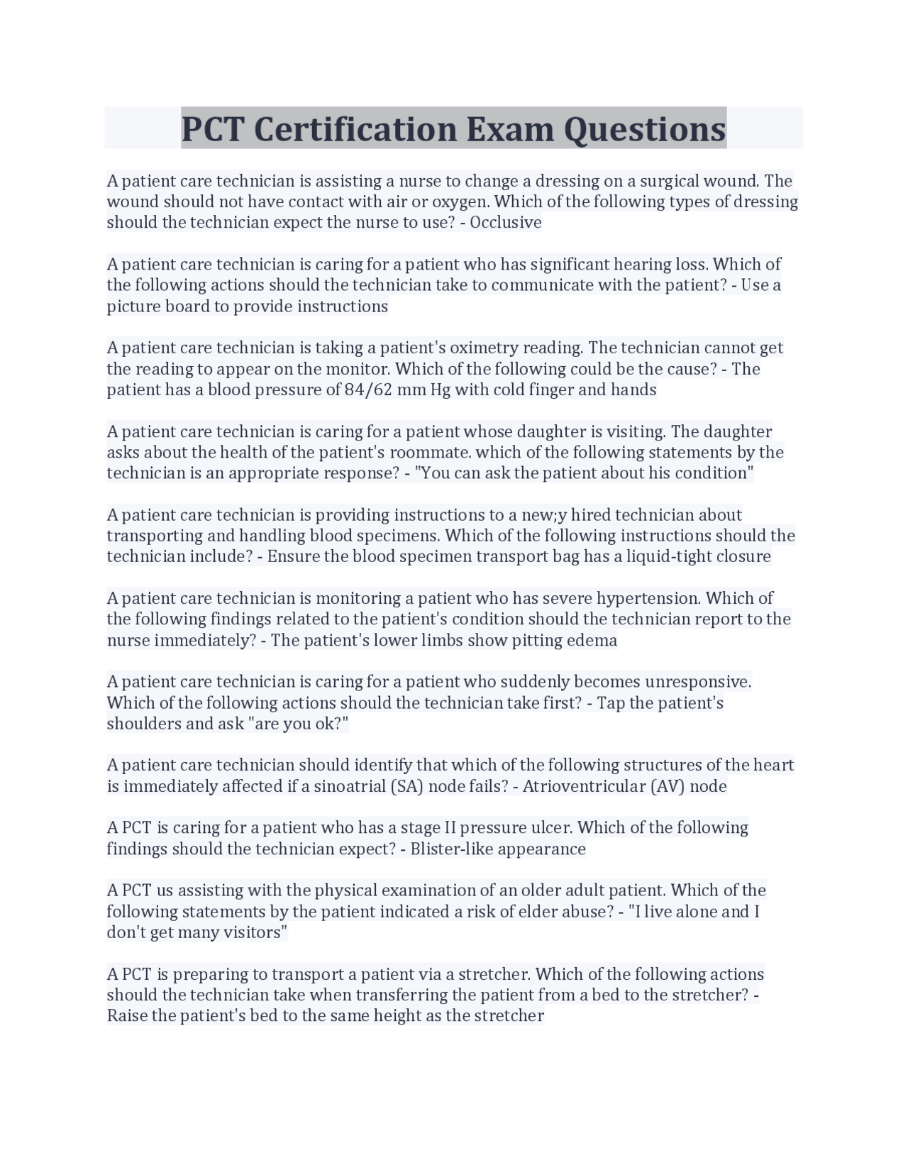 PCT Certification Exam Questions: A Comprehensive Guide for Patient ...