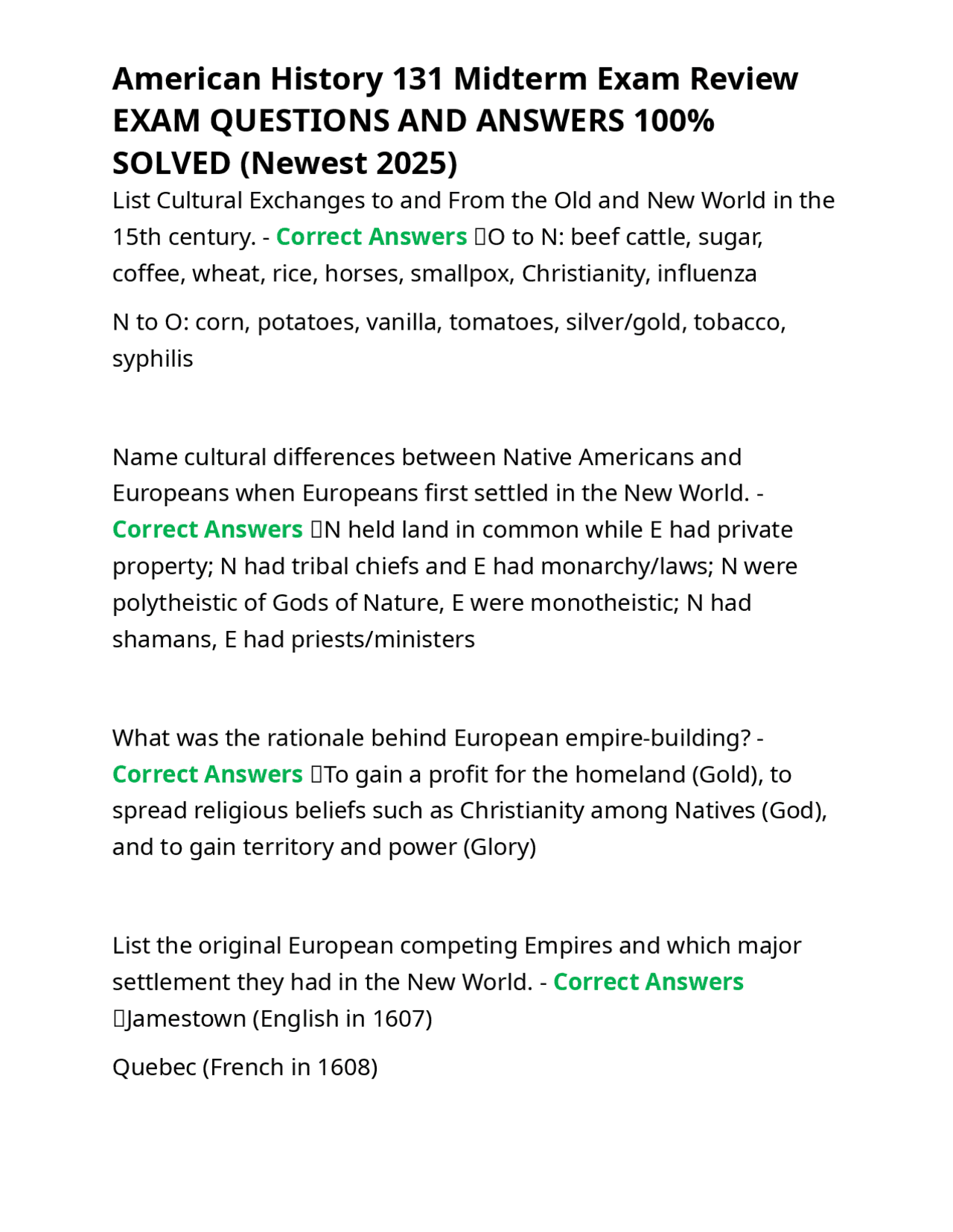 American History 131 Midterm Exam Review EXAM QUESTIONS AND ANSWERS 100 ...