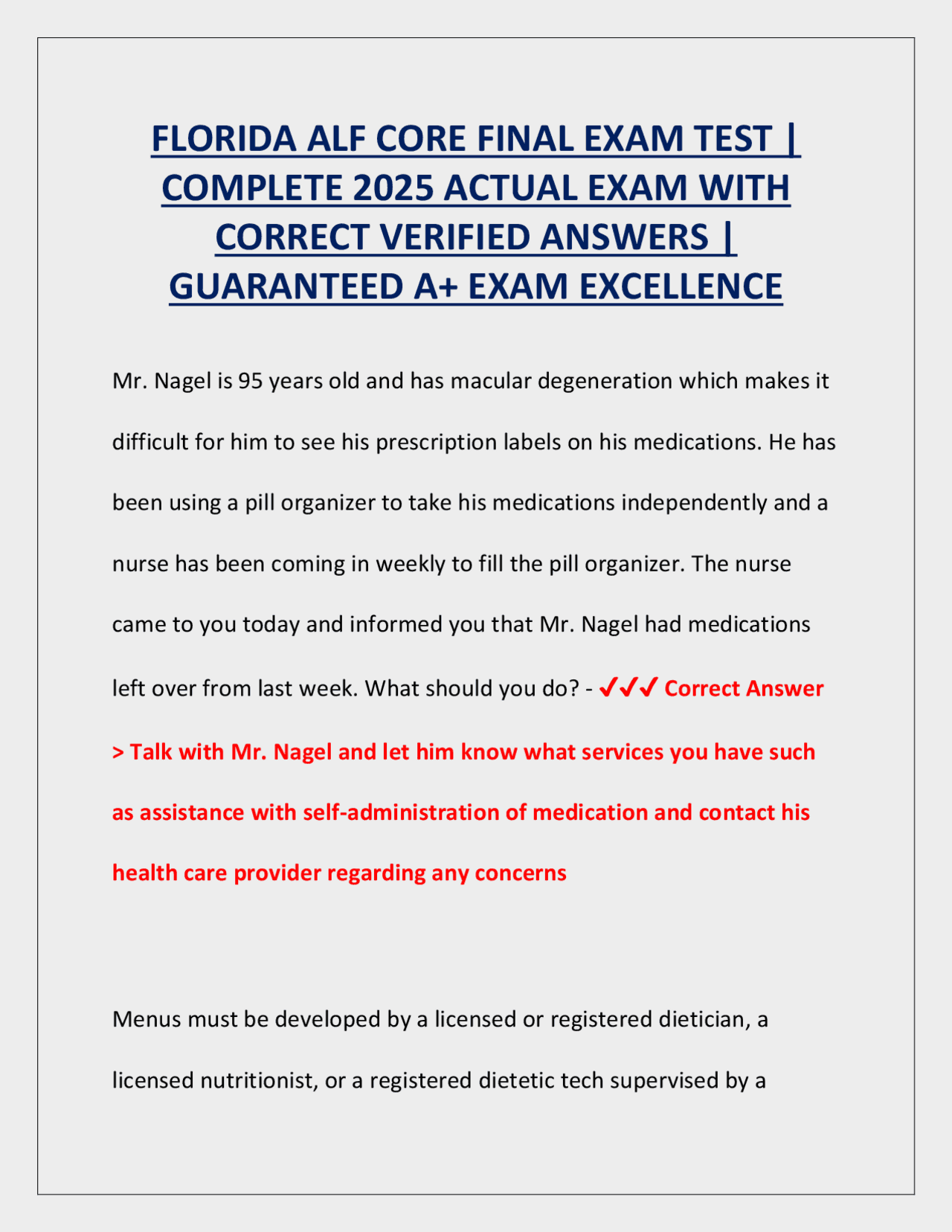 FLORIDA ALF CORE FINAL EXAM TEST | COMPLETE 2025 ACTUAL EXAM WITH ...