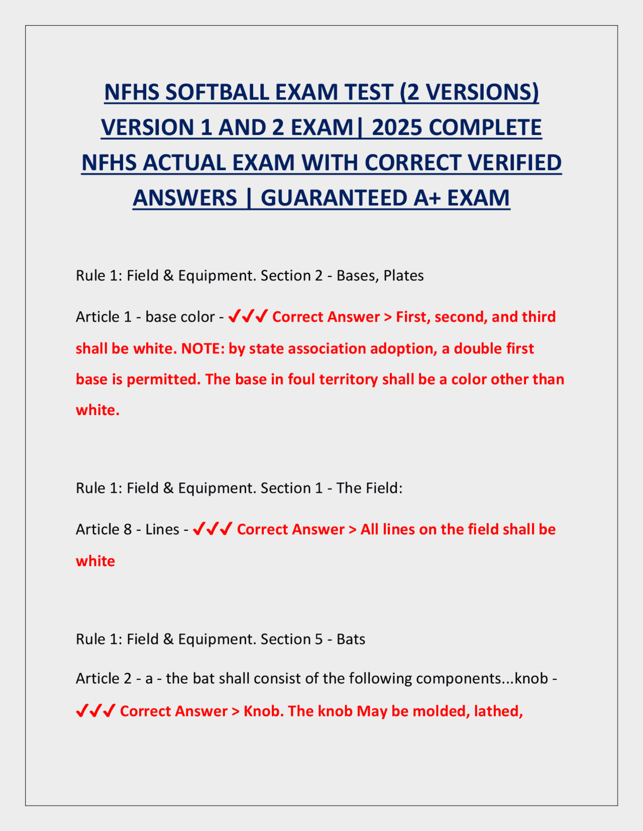 NFHS SOFTBALL EXAM TEST (2 VERSIONS) VERSION 1 AND 2 EXAM| 2025 ...