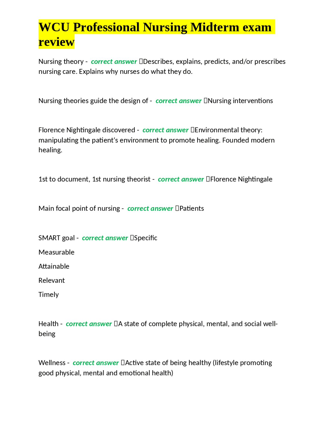 WCU Professional Nursing Midterm Exam Review: Key Concepts and Practice Questions | Exams ...