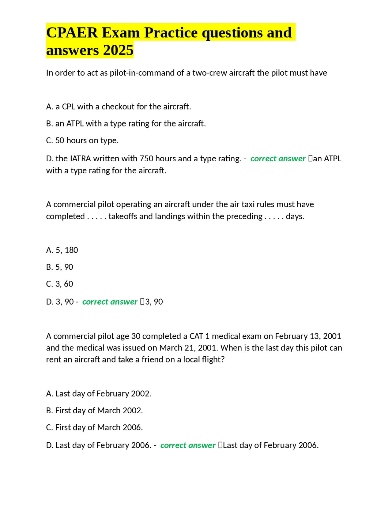 CPAER Exam Practice Questions and Answers 2025: Aviation Regulations ...