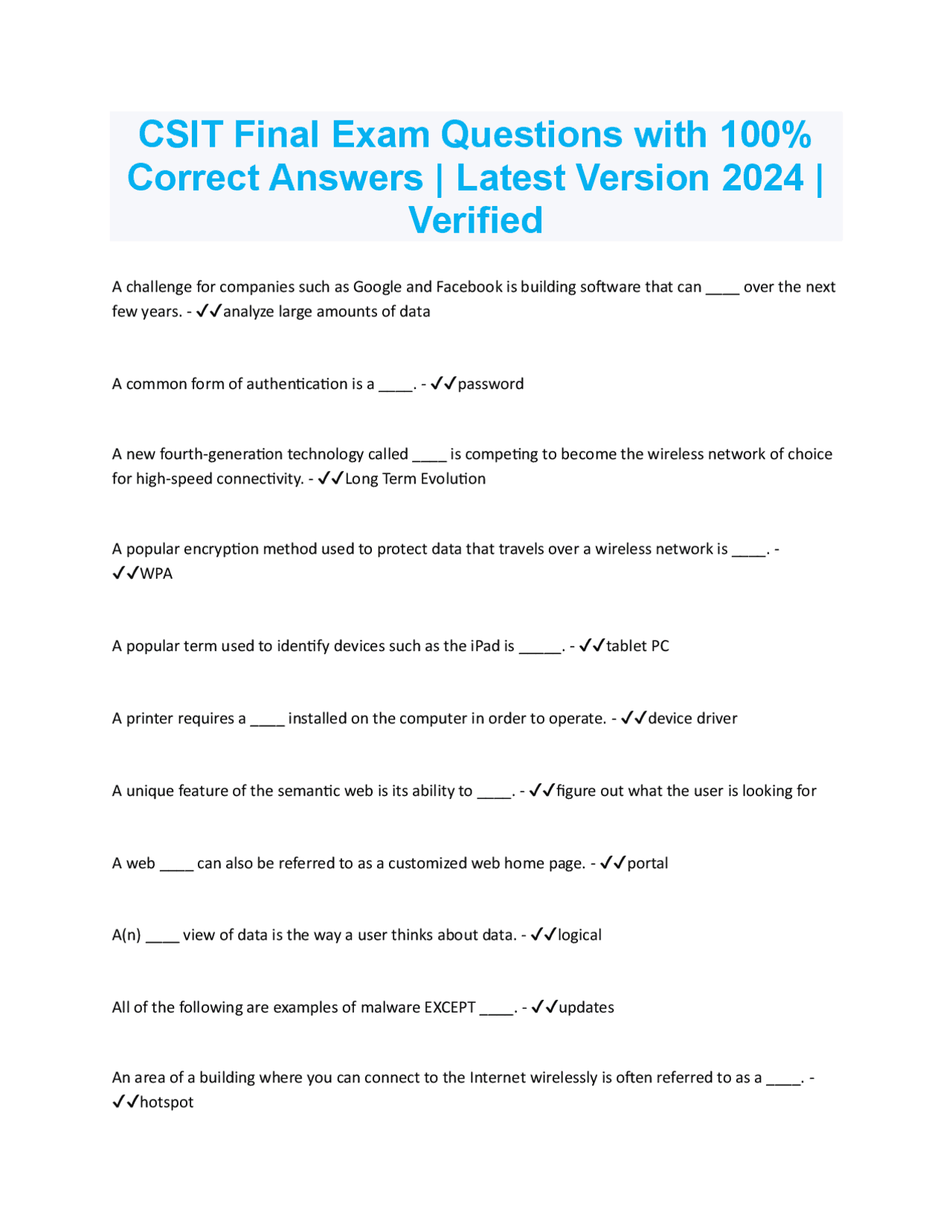 CSIT Final Exam Questions with 100% Correct Answers | Latest Version ...