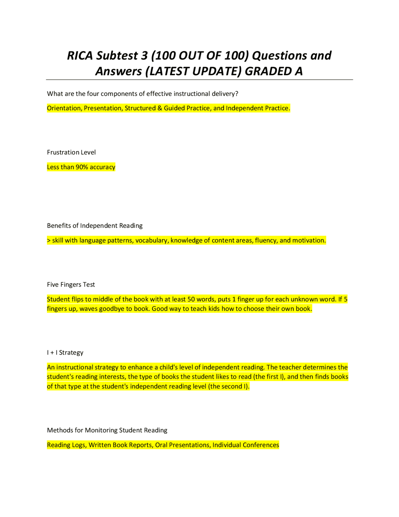 RICA Subtest 3 (100 OUT OF 100) Questions and Answers (LATEST UPDATE ...