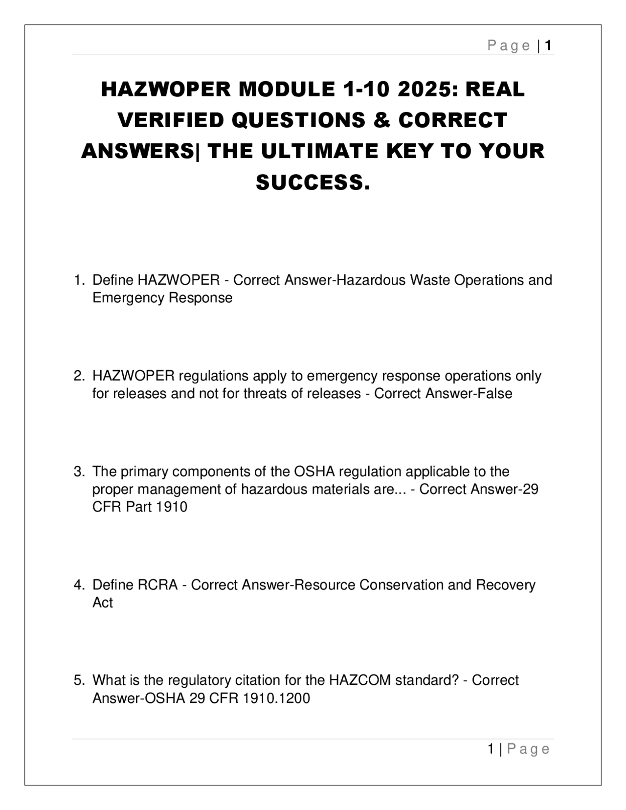 HAZWOPER MODULE 1-10 2025: REAL VERIFIED QUESTIONS & CORRECT ANSWERS ...