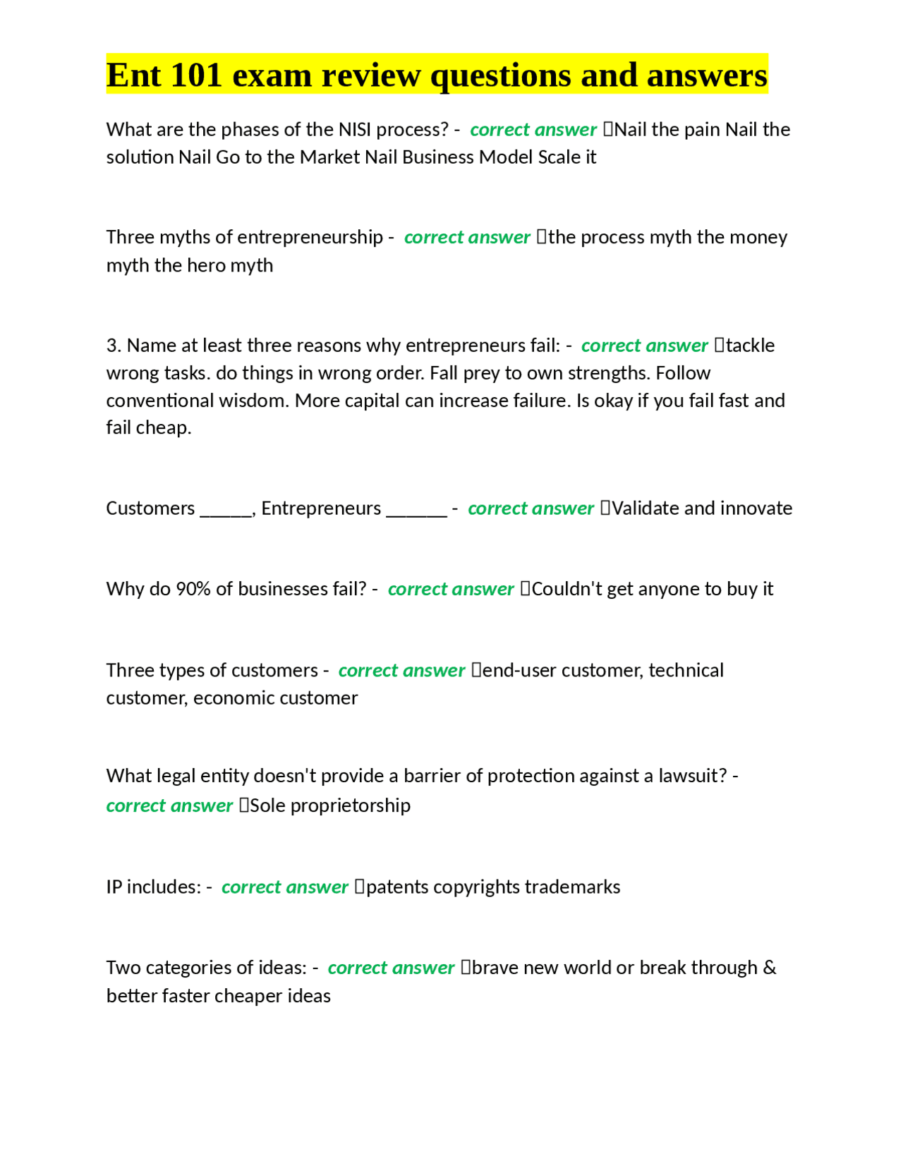 Ent 101 exam review questions and answers | Exams Nursing | Docsity