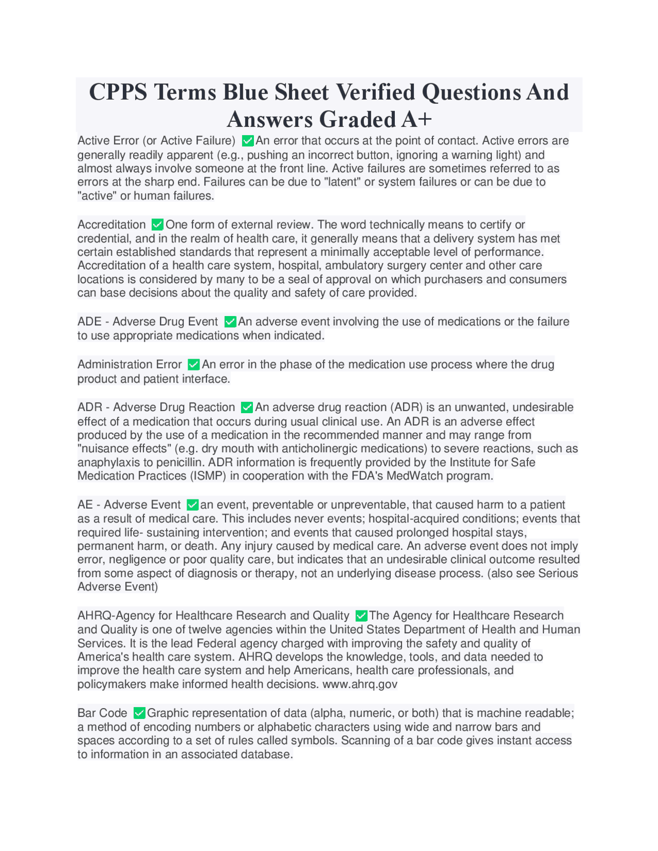 Healthcare Safety Terminology: Definitions and Explanations | Exams Advanced Education | Docsity