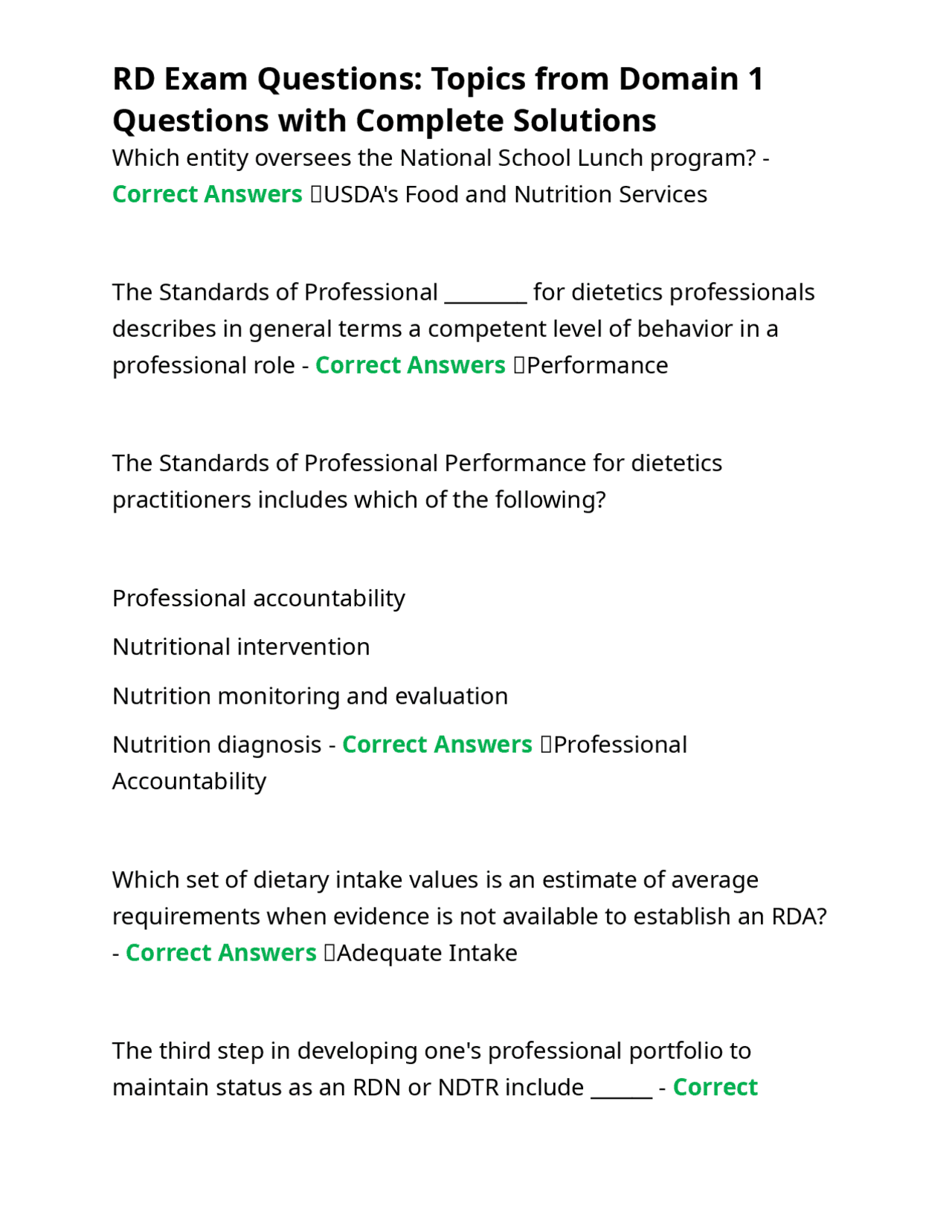 RD Exam Questions: Topics from Domain 1 Questions with Complete ...