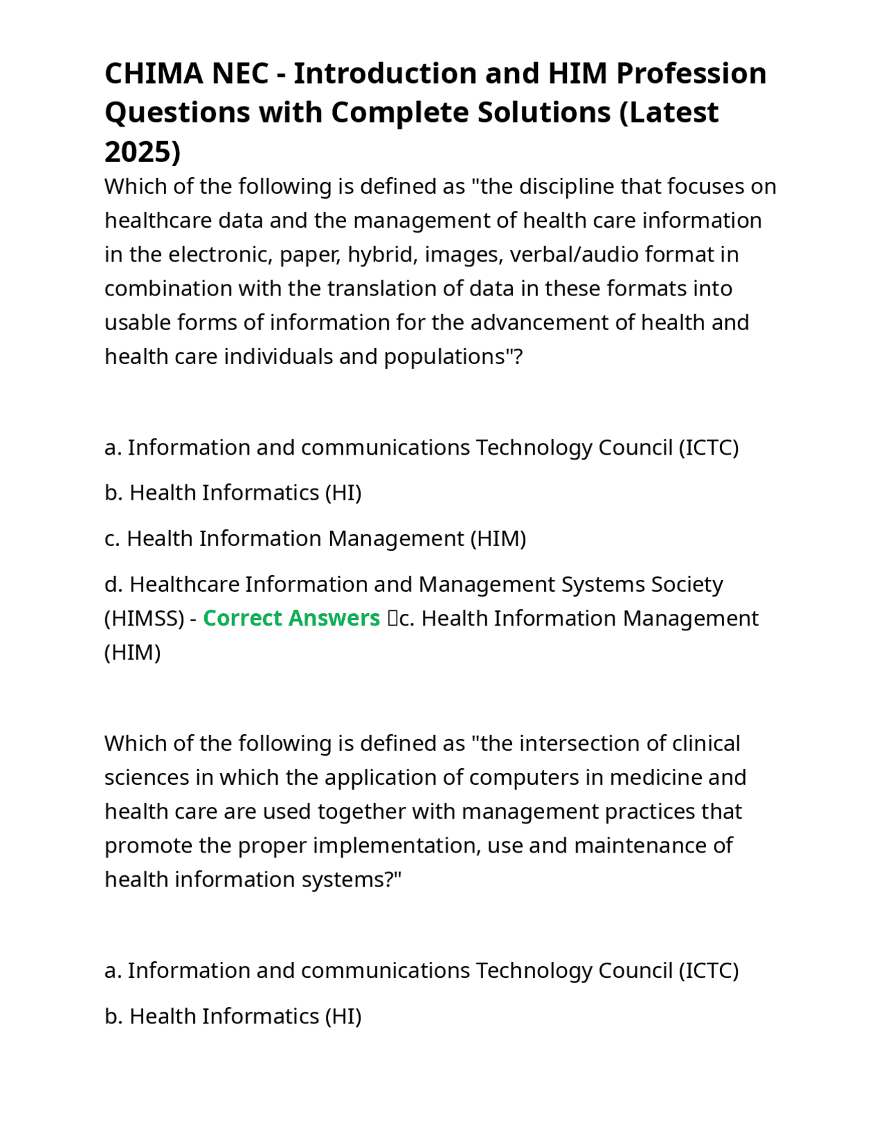 CHIMA NEC: HIM Profession MCQs with Solutions (2025) | Exams Nursing ...