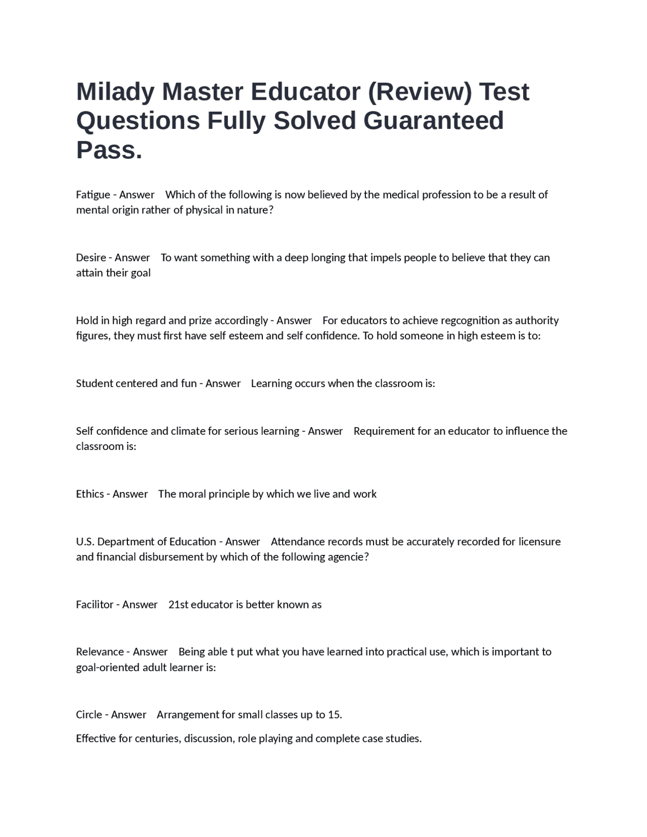 Milady Master Educator (Review) Test Questions Fully Solved Guaranteed ...