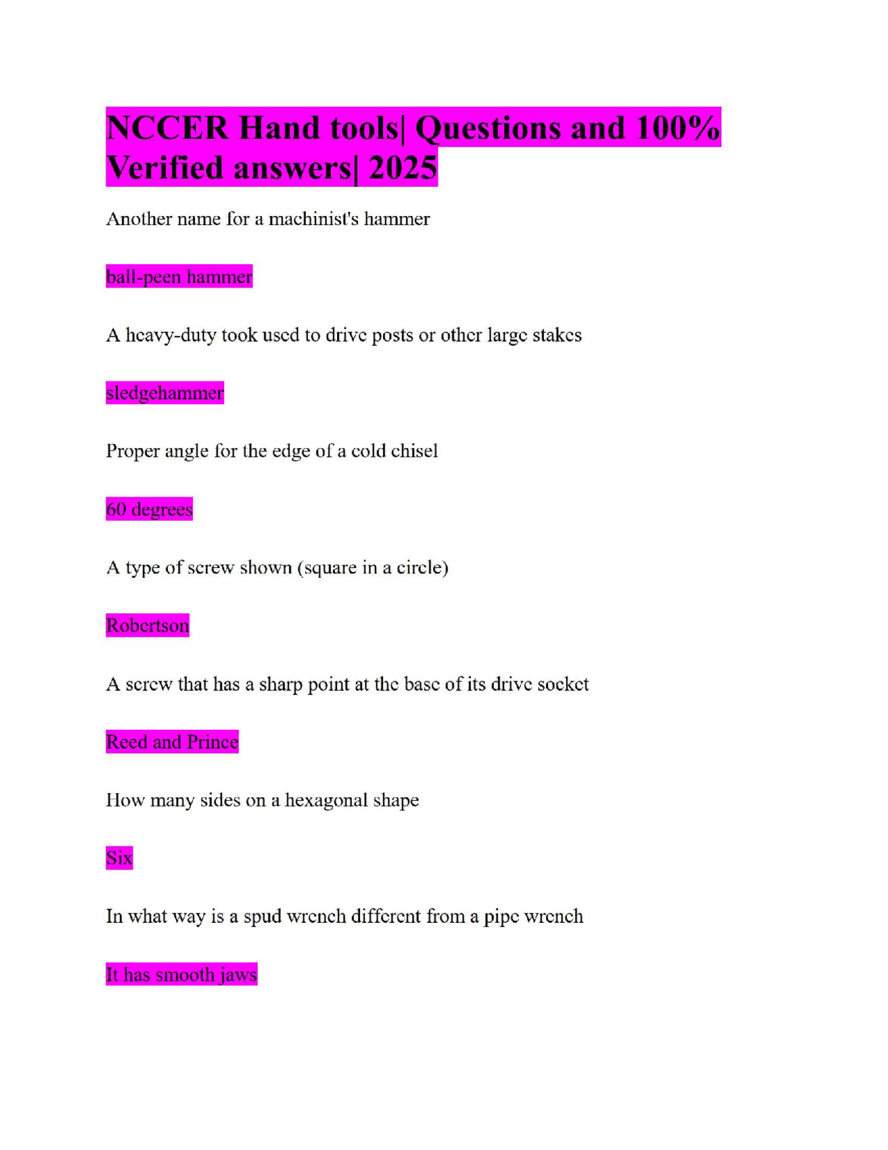 NCCER Hand tools| Questions and 100% Verified answers| 2025 | Exams ...