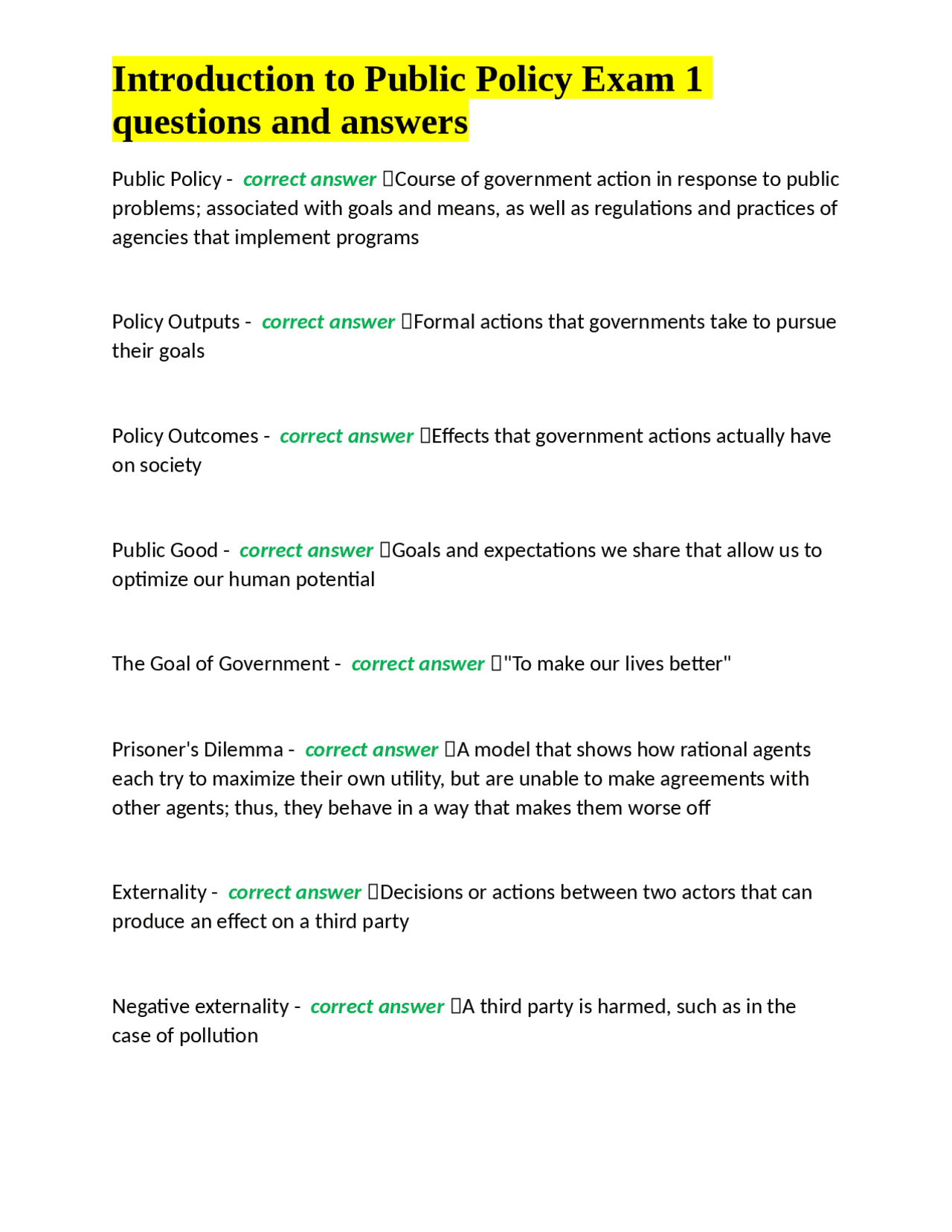 Introduction to Public Policy Exam 1: Questions and Answers | Exams ...