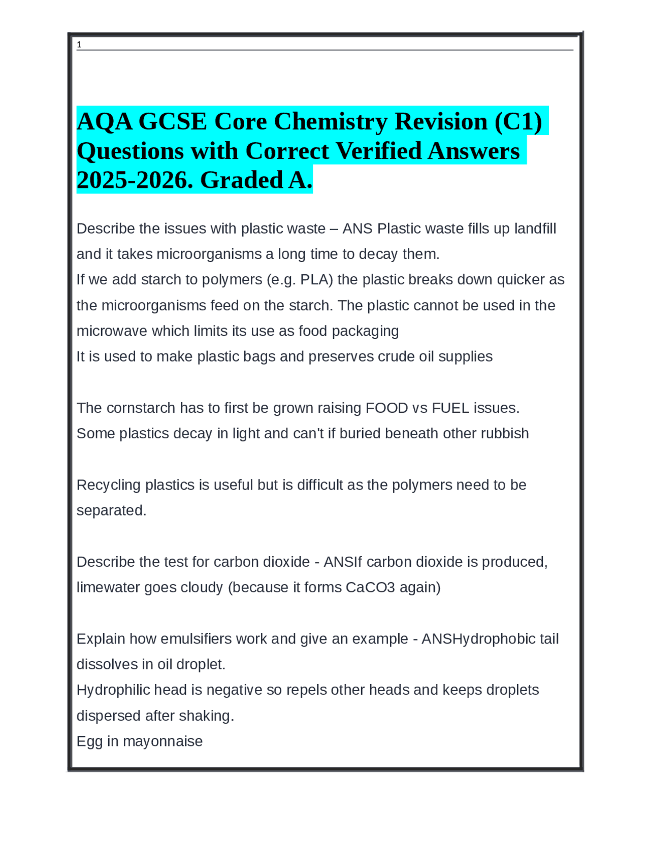 AQA GCSE Core Chemistry Revision (C1) Questions with Correct Verified ...