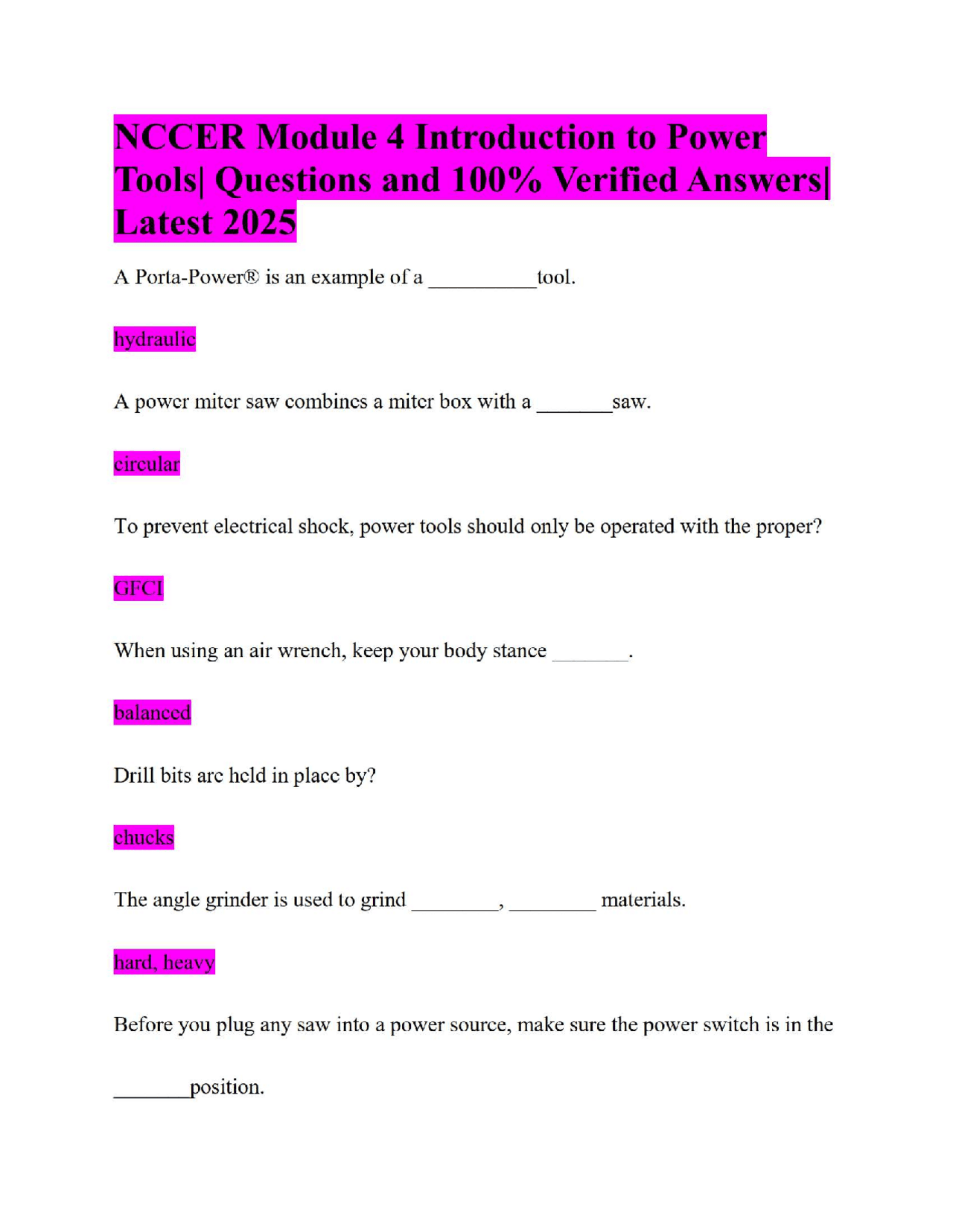 NCCER Module 4 Introduction to Power Tools| Questions and 100% Verified ...