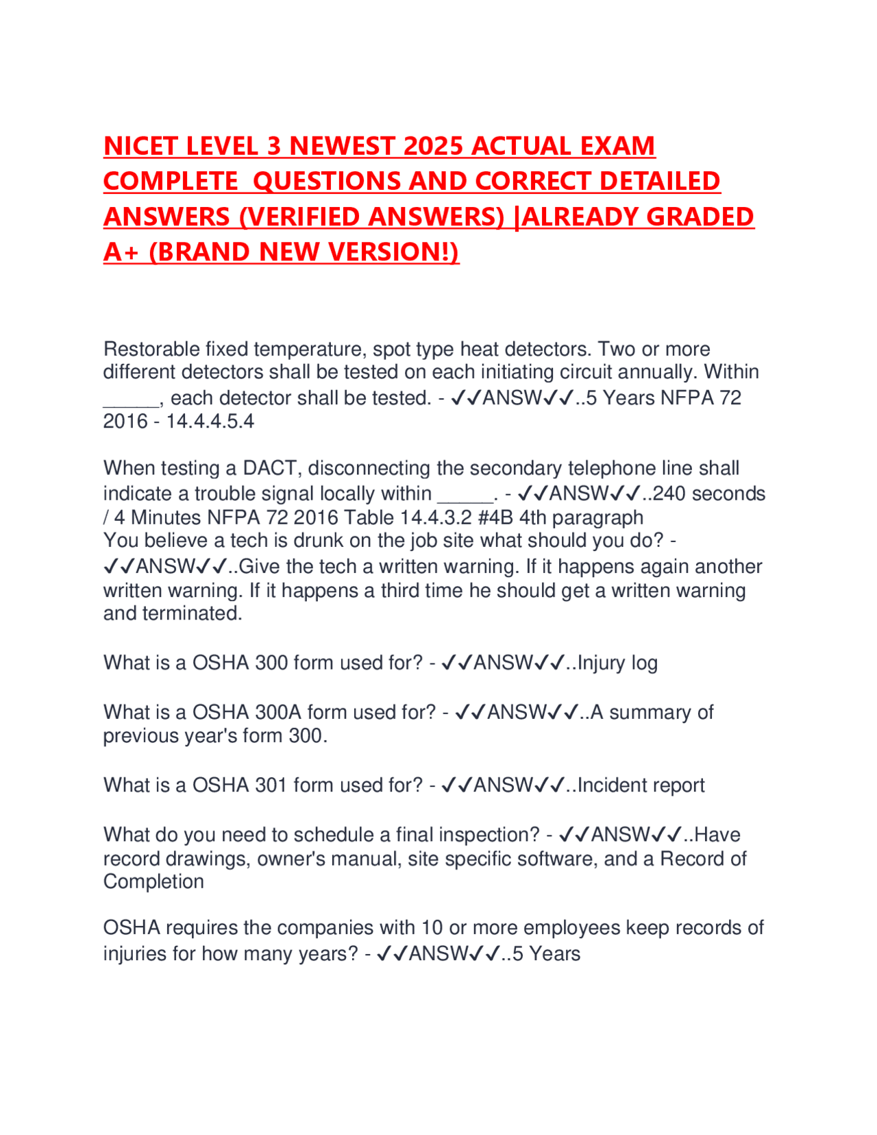 NICET LEVEL 3 NEWEST 2025 ACTUAL EXAM COMPLETE QUESTIONS AND CORRECT ...