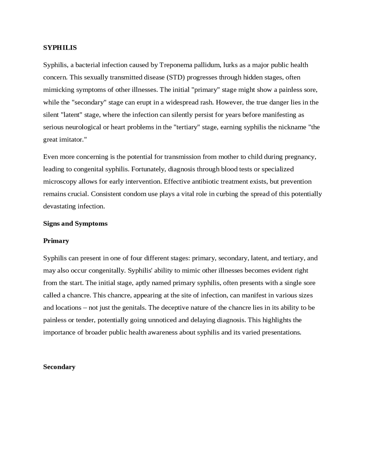 Syphilis: causes, symptoms and management. | Thesis Nursing | Docsity