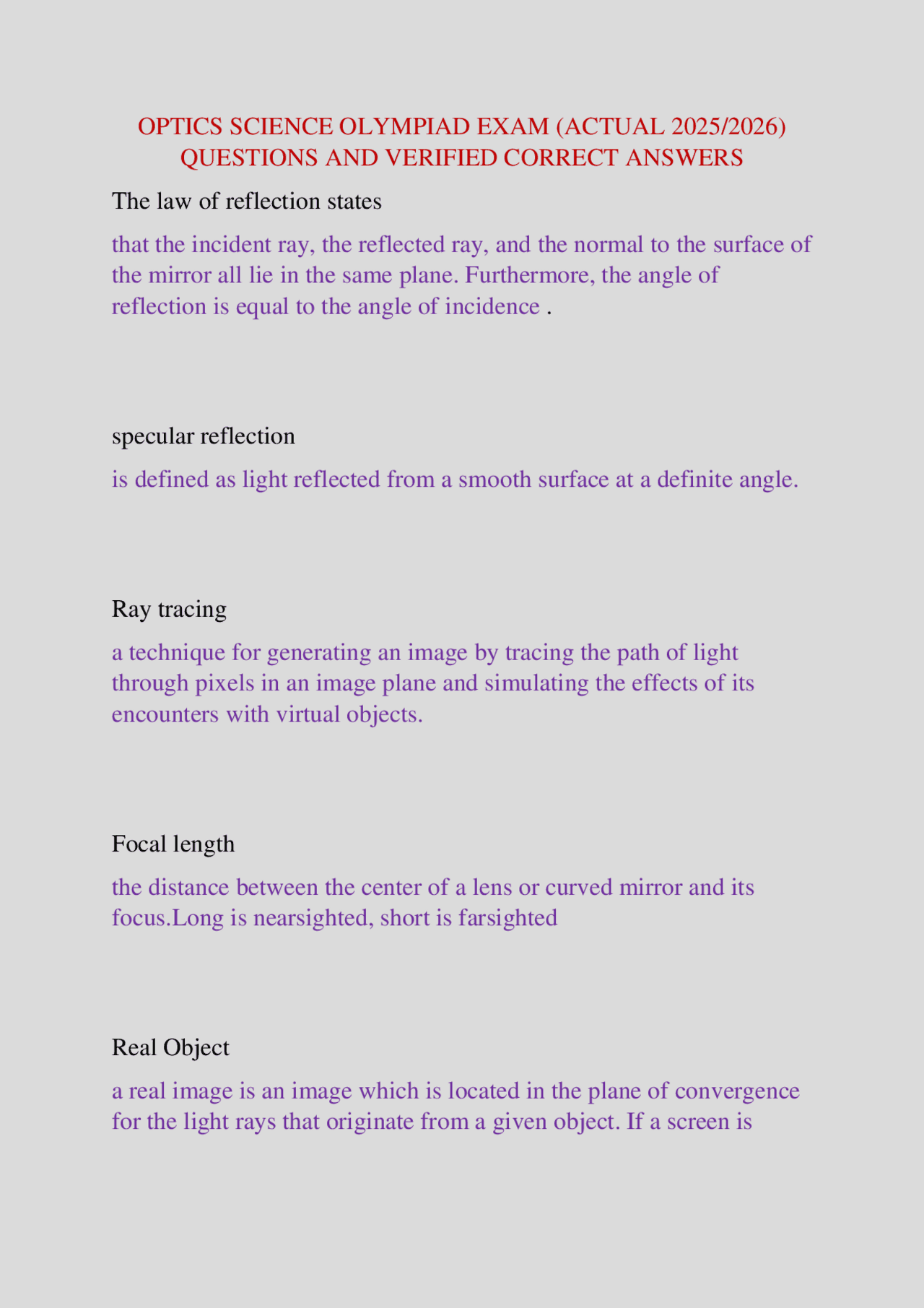 OPTICS SCIENCE OLYMPIAD EXAM (ACTUAL 2025/2026) QUESTIONS AND VERIFIED ...