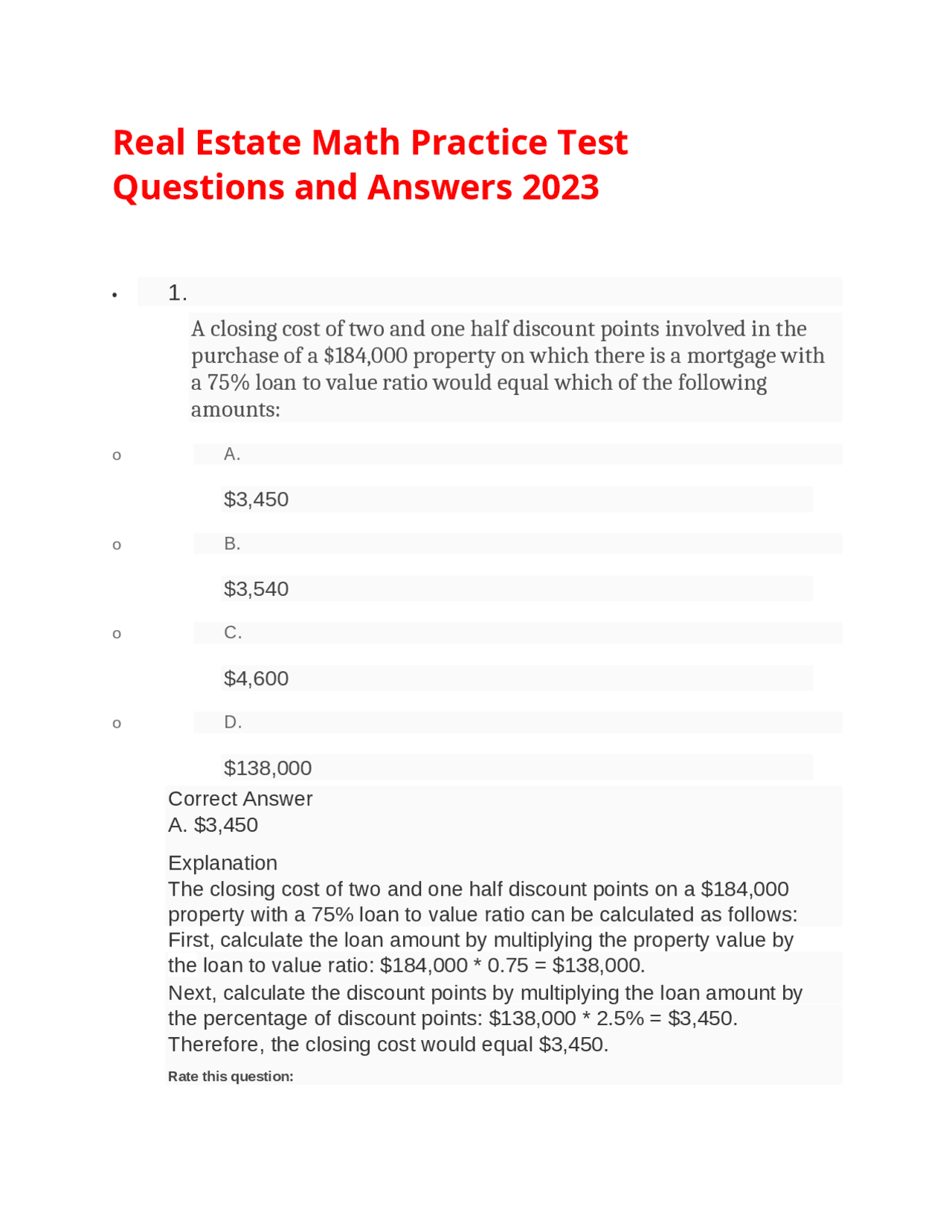 Real Estate Math Practice Test: Questions and Answers 2023 | Exams ...