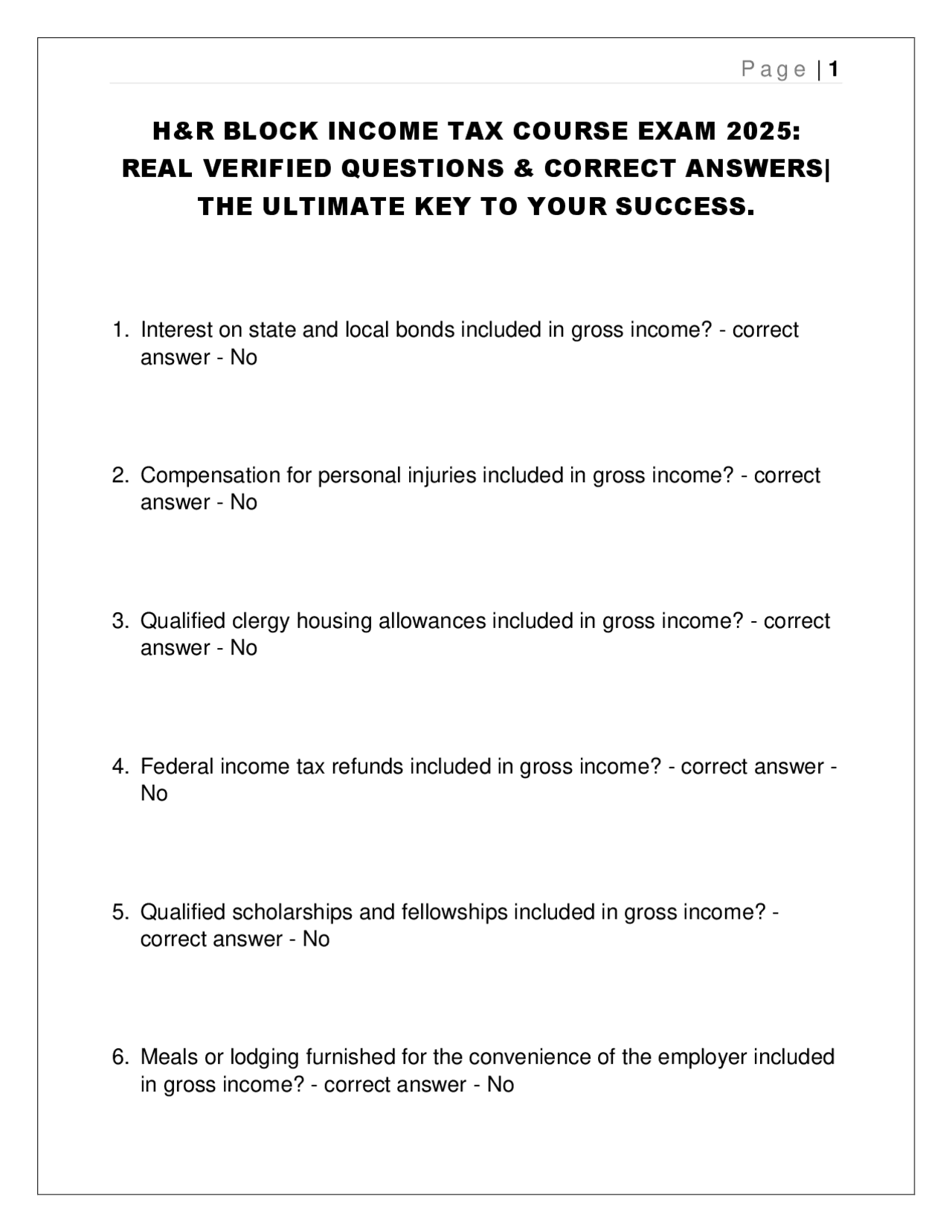 H&R BLOCK INCOME TAX COURSE EXAM 2025: REAL VERIFIED QUESTIONS ...