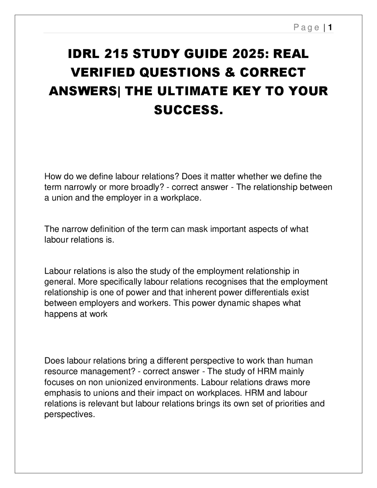 IDRL 215 STUDY GUIDE 2025: REAL VERIFIED QUESTIONS & CORRECT ANSWERS. | Exams Labor Management ...