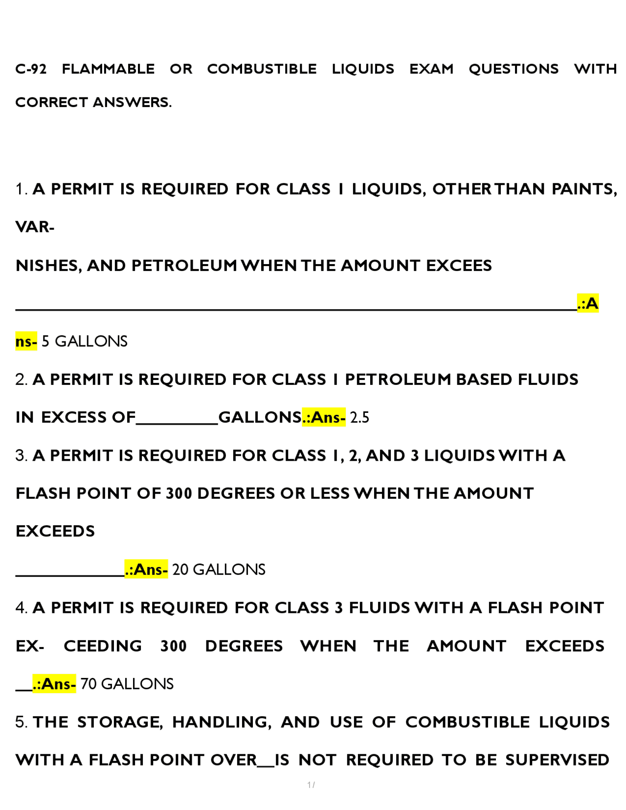 C-92 FLAMMABLE OR COMBUSTIBLE LIQUIDS EXAM QUESTIONS WITH CORRECT ...