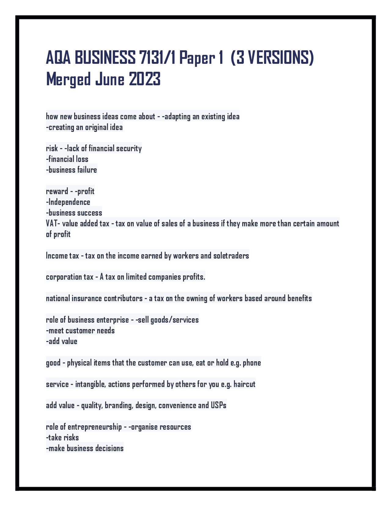 AQA Business 7131/1 Paper 1: Business Concepts and Principles | Exams ...