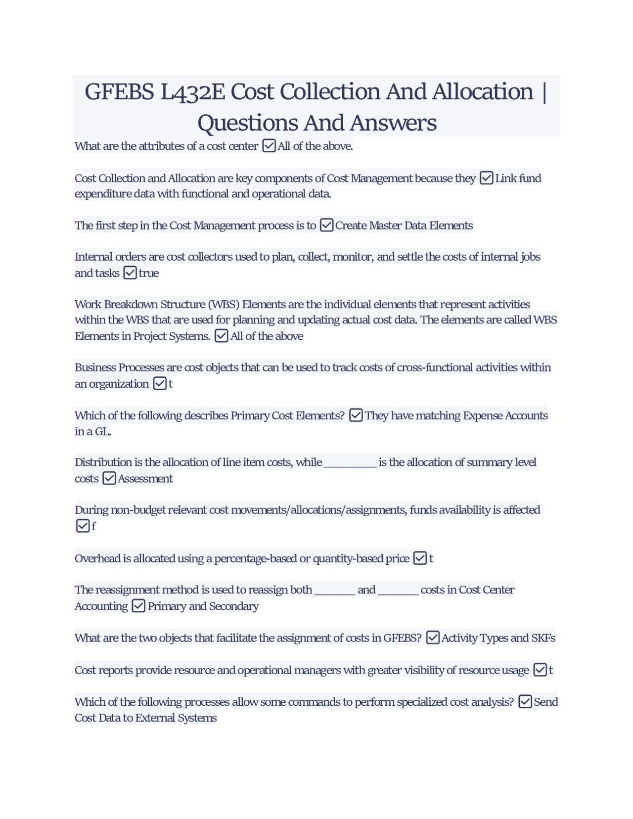 GFEBS L432E Cost Collection And Allocation | Questions And Answers ...