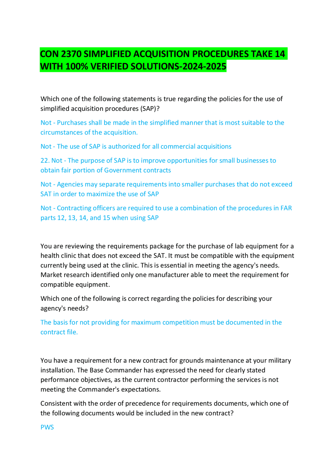 CON 2370 SIMPLIFIED ACQUISITION PROCEDURES TAKE 14 WITH 100% VERIFIED ...