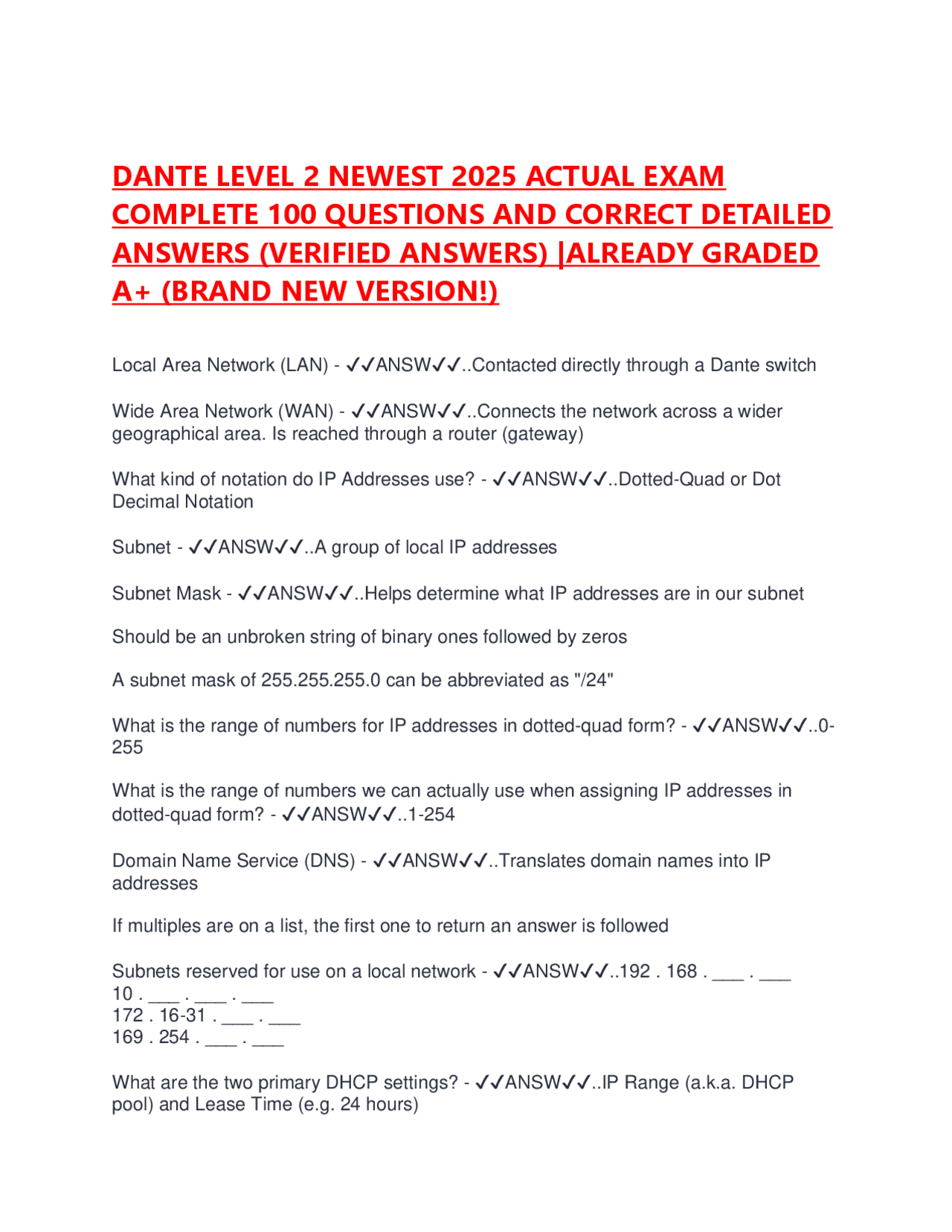 DANTE LEVEL 2 NEWEST 2025 ACTUAL EXAM COMPLETE 100 QUESTIONS AND CORRECT DETAILED ANSWER | Exams ...