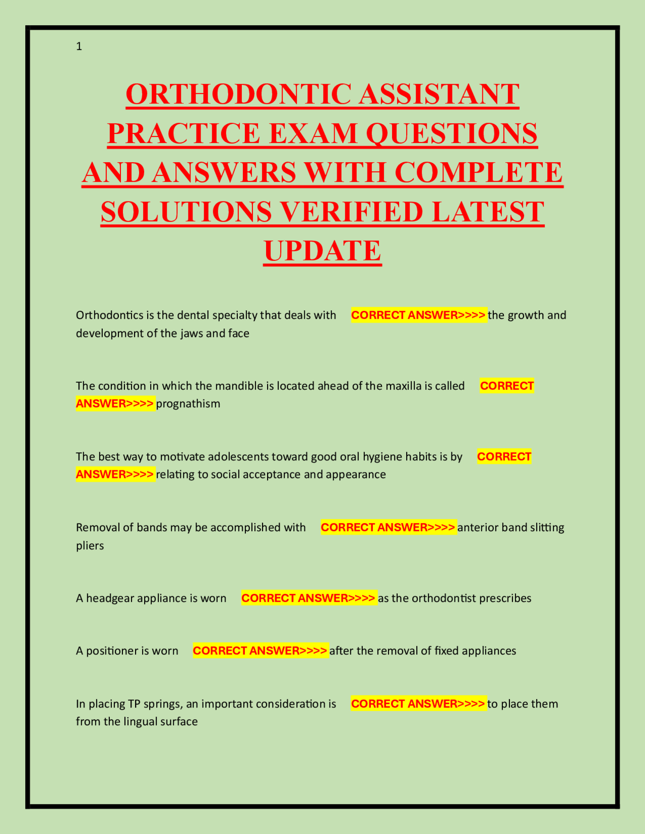 ORTHODONTIC ASSISTANT PRACTICE EXAM QUESTIONS AND ANSWERS WITH COMPLETE ...