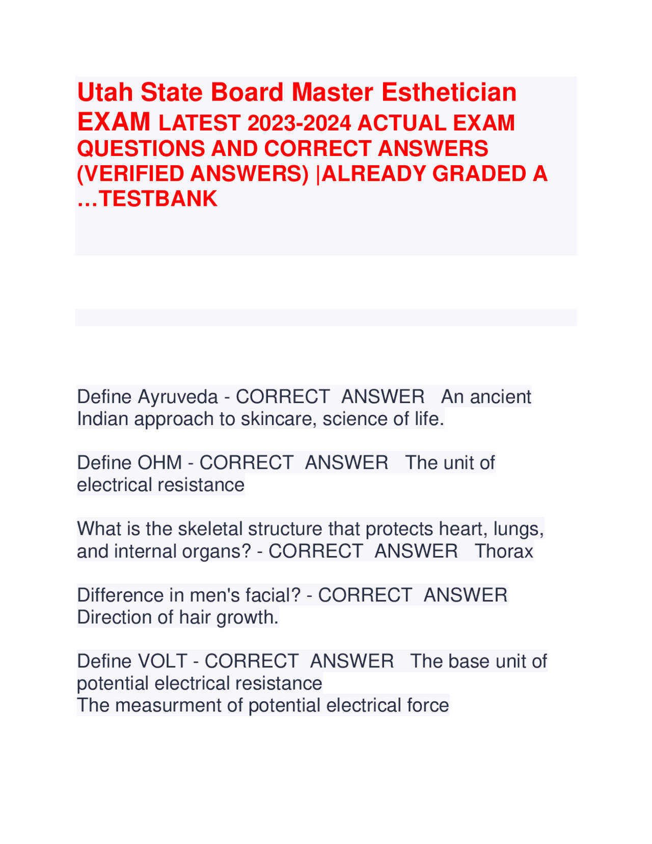 Utah State Board Master Esthetician Exam Questions and Answers 2023 ...