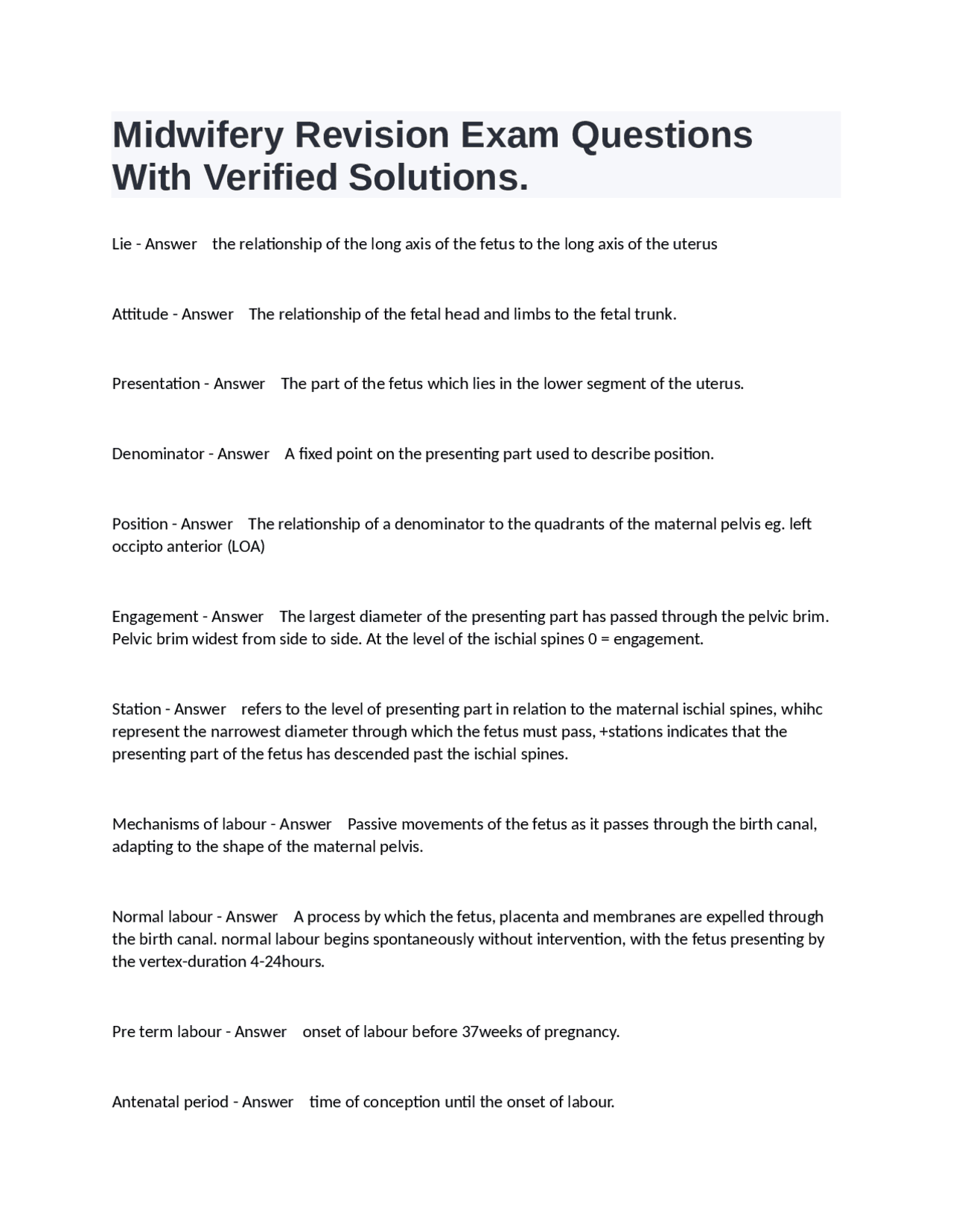 Midwifery Revision Exam Questions with Verified Solutions | Exams ...