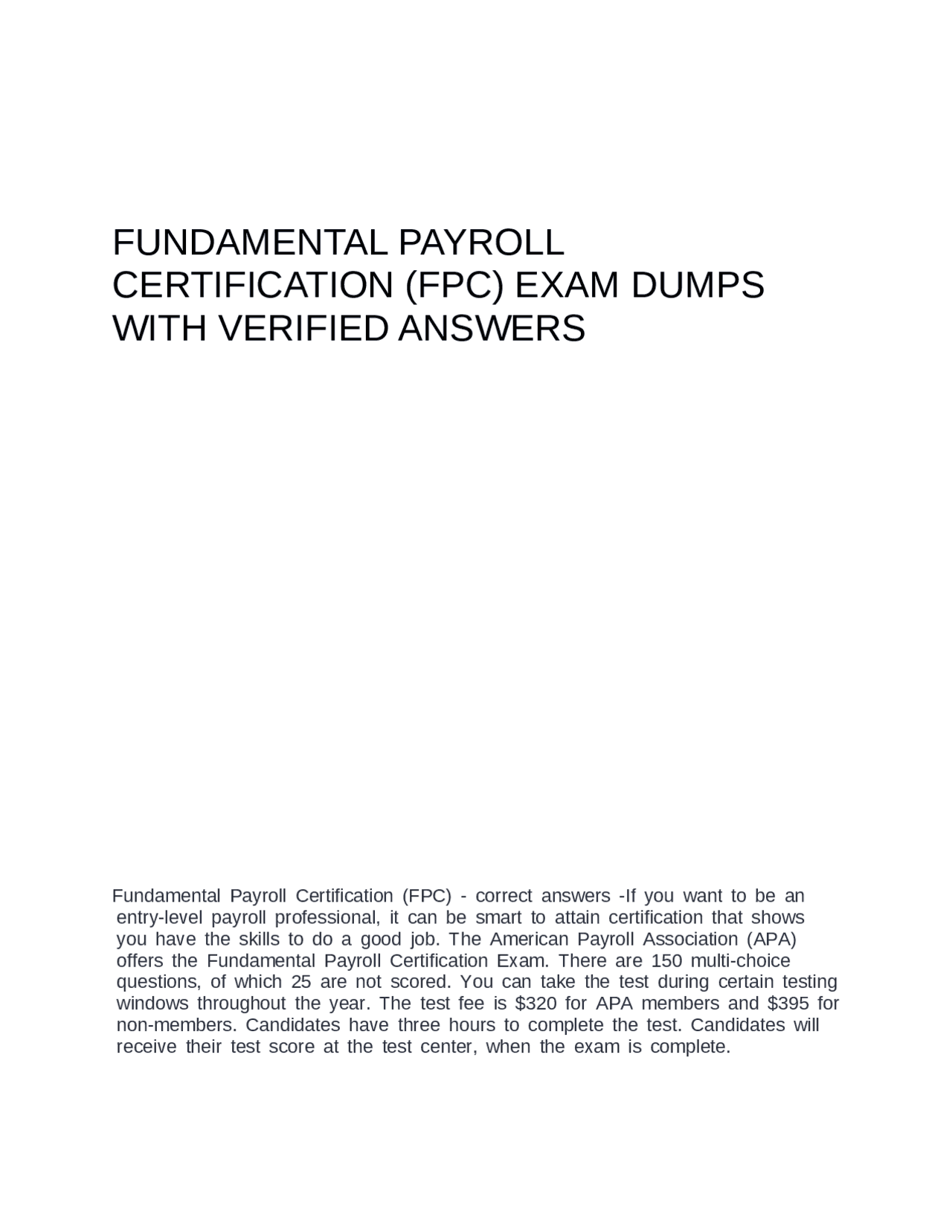 Fundamental Payroll Certification Fpc Exam Dumps With Verified Answers Exams Advanced