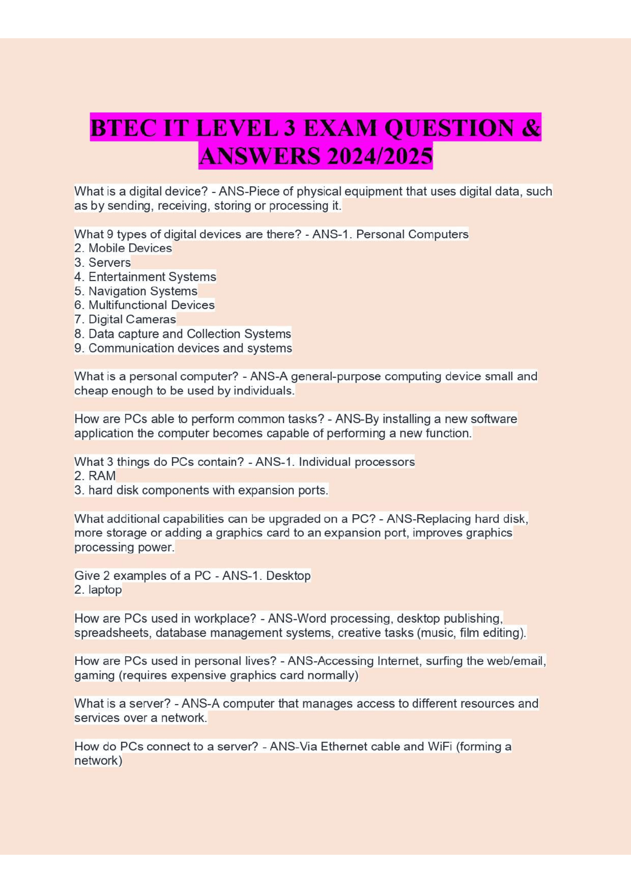 BTEC IT LEVEL 3 EXAM QUESTION & ANSWERS 2024/2025 | Exams Information ...