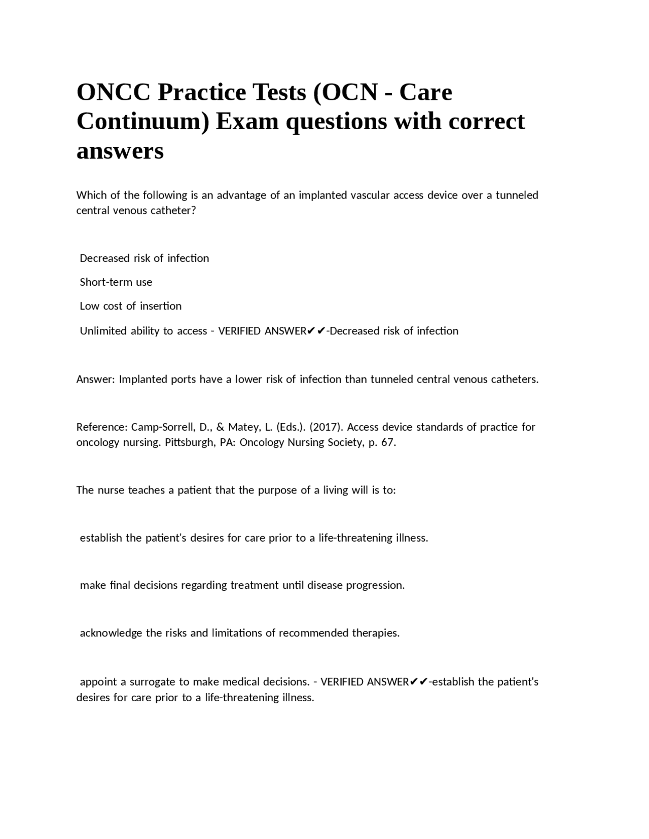 ONCC Practice Tests (OCN - Care Continuum) Exam questions with correct ...