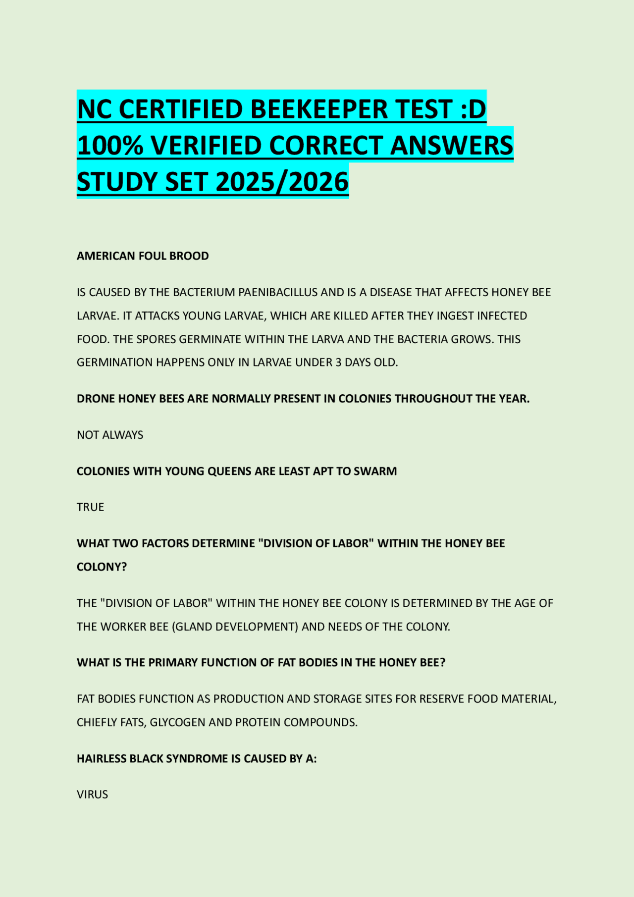 NC CERTIFIED BEEKEEPER TEST :D 100% VERIFIED CORRECT ANSWERS STUDY SET ...