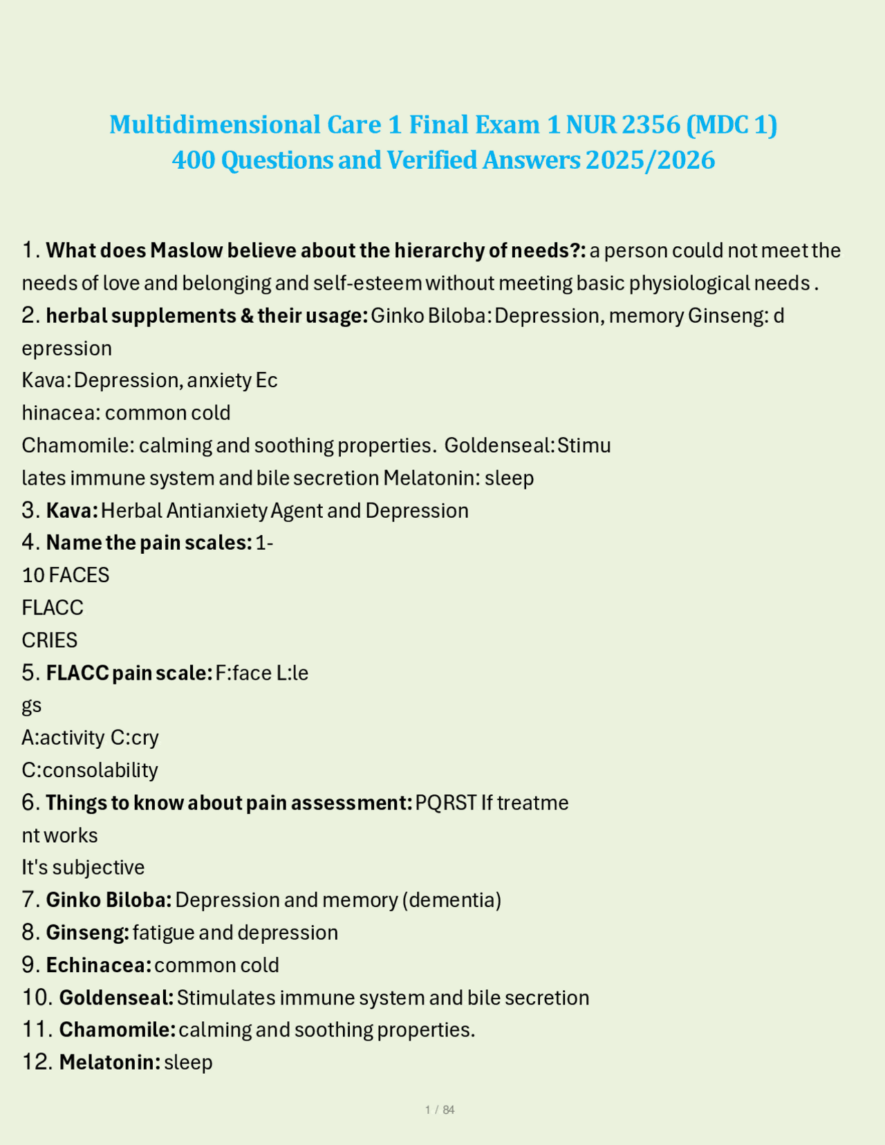 Multidimensional Care 1 Final Exam 1NUR 2356 (MDC 1) 400 Questions and ...