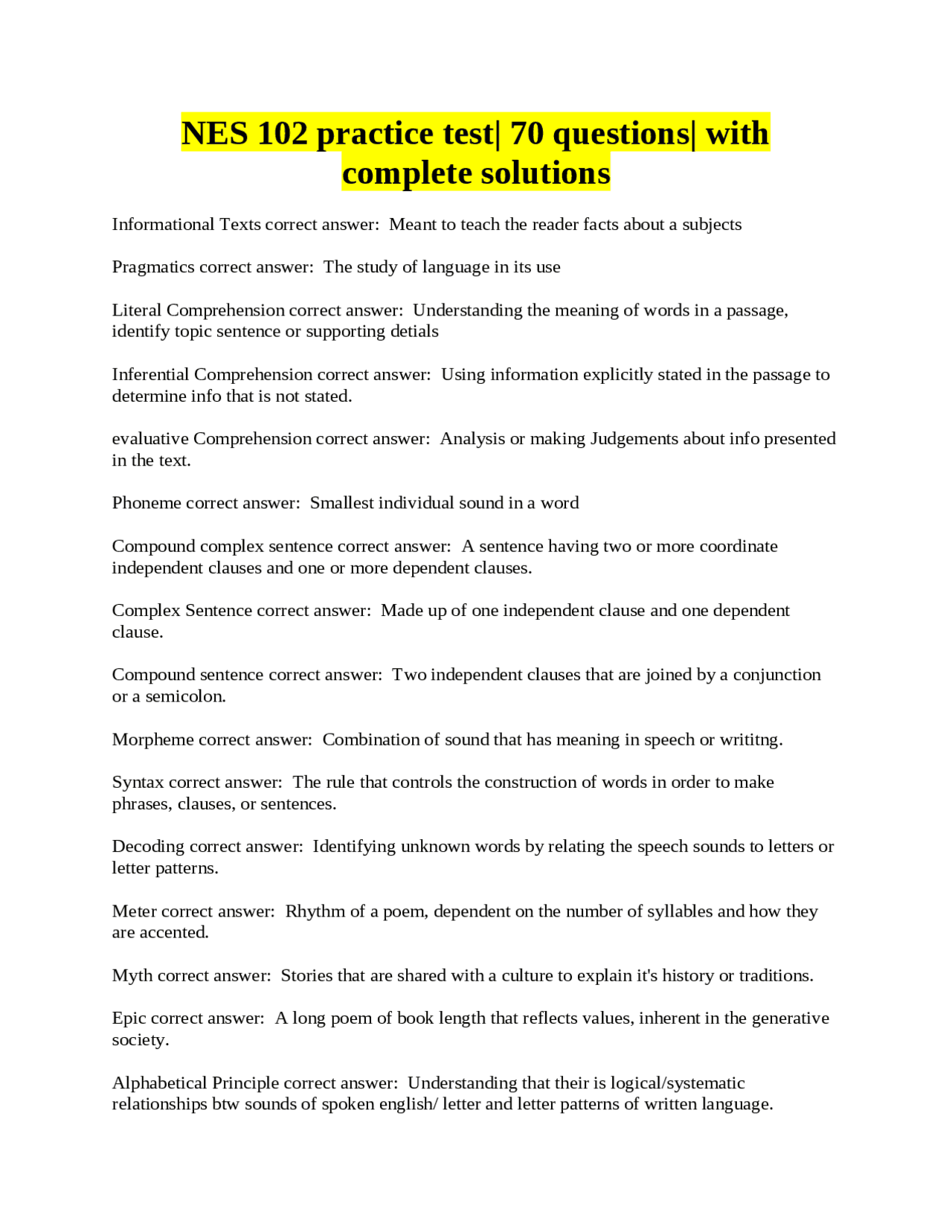 NES 102 Practice Test: 70 Questions with Complete Solutions | Exams ...