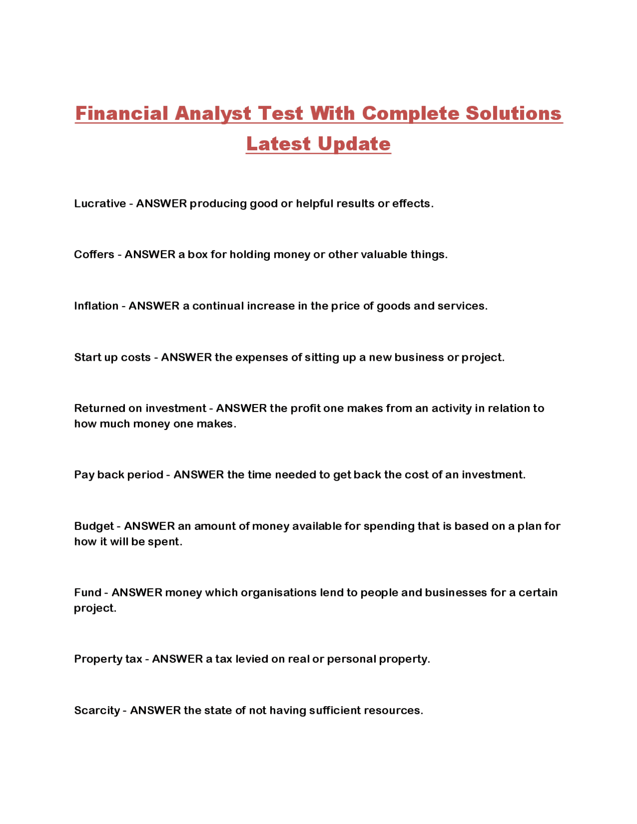 Financial Analyst Test: Definitions and Questions | Exams Finance | Docsity