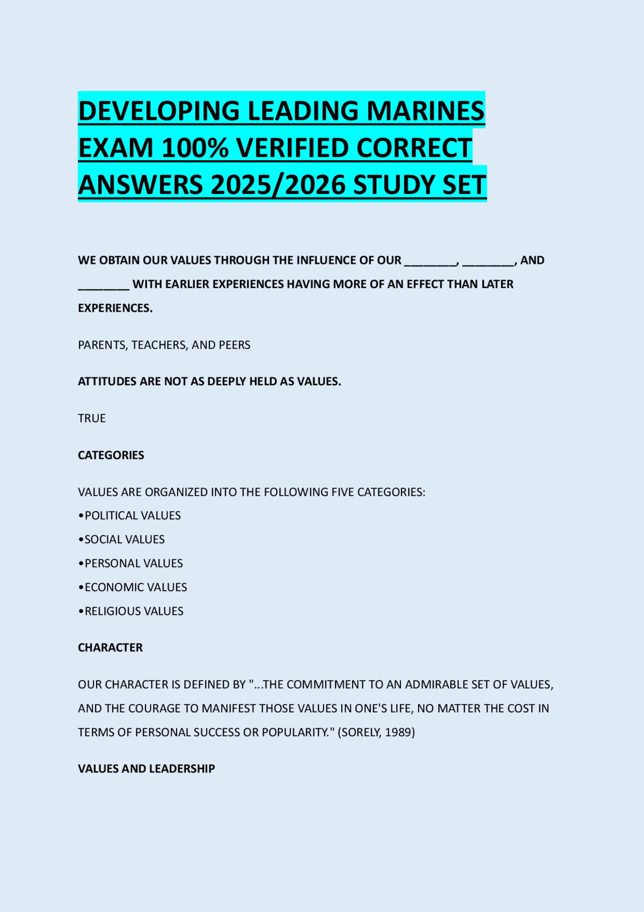 DEVELOPING LEADING MARINES EXAM 100% VERIFIED CORRECT ANSWERS 2025/2026 ...