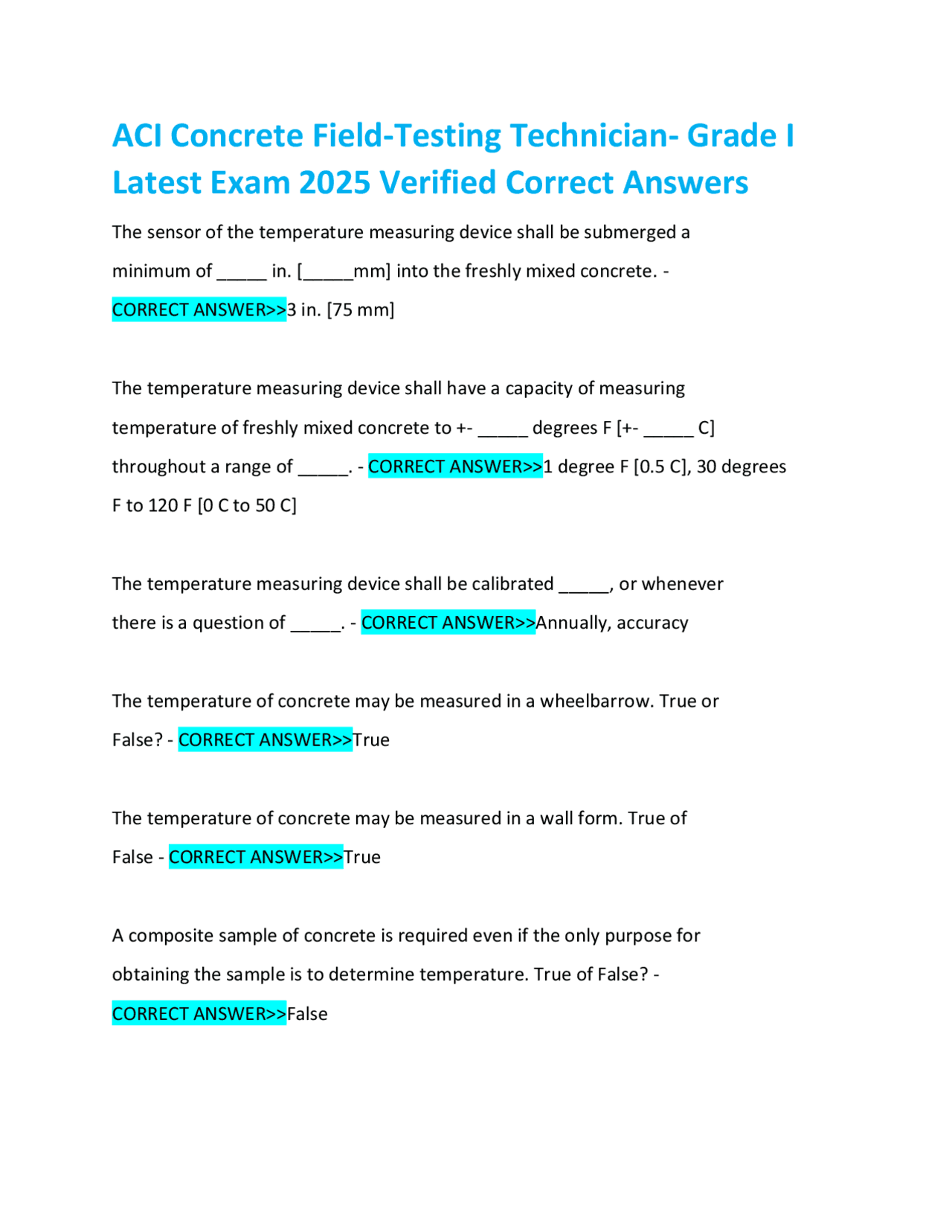 ACI Concrete Field-Testing Technician- Grade I Latest Exam 2025 ...