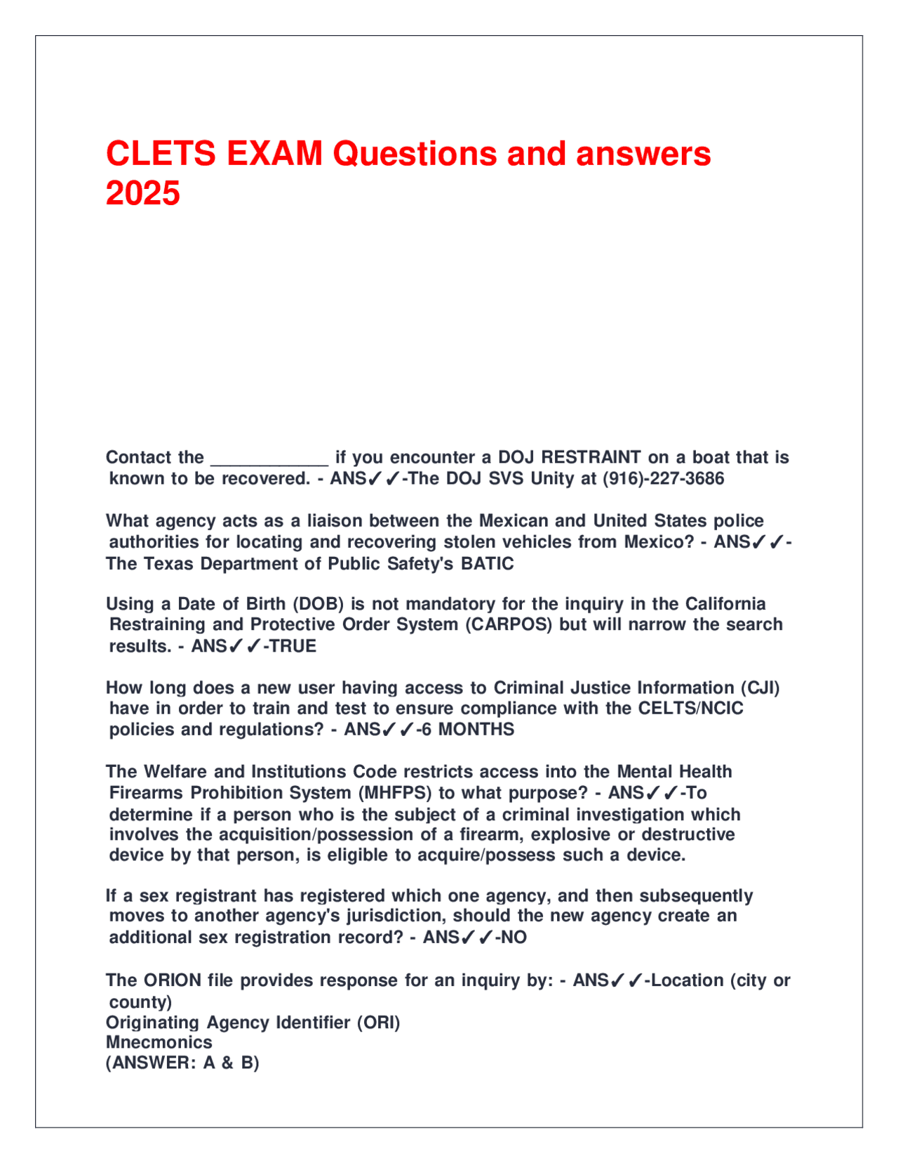 CLETS EXAM Questions and answers 2025. | Exams Law | Docsity