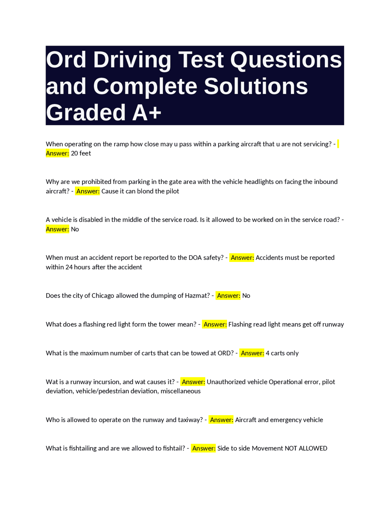 Ord Driving Test Questions with Complete Answers Graded A+ | Exams Law ...