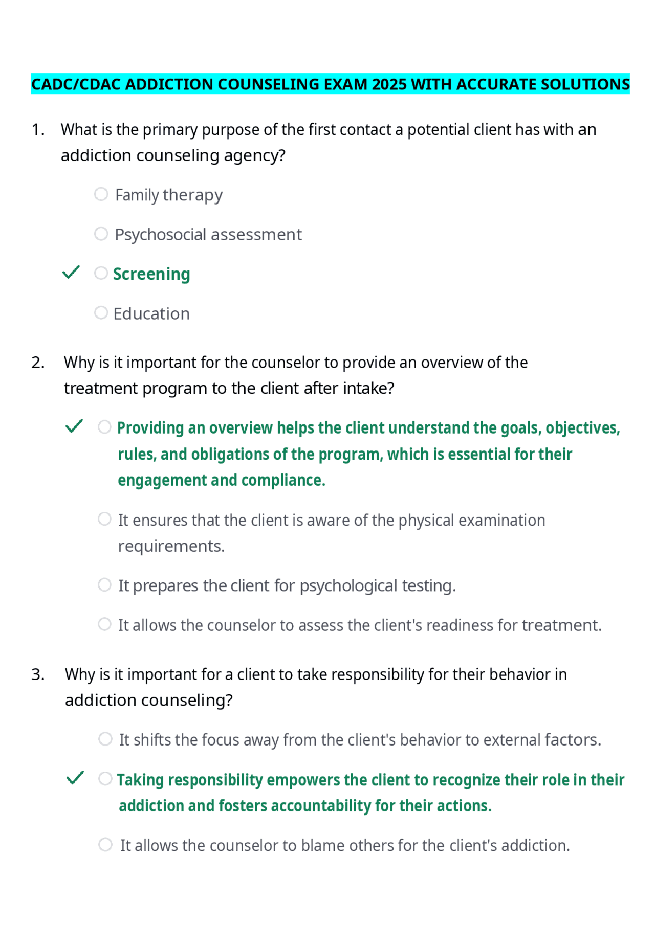 iCADC/CDAC ADDICTION COUNSELING EXAM 2025 WITH ACCURATE SOLUTIONS ...
