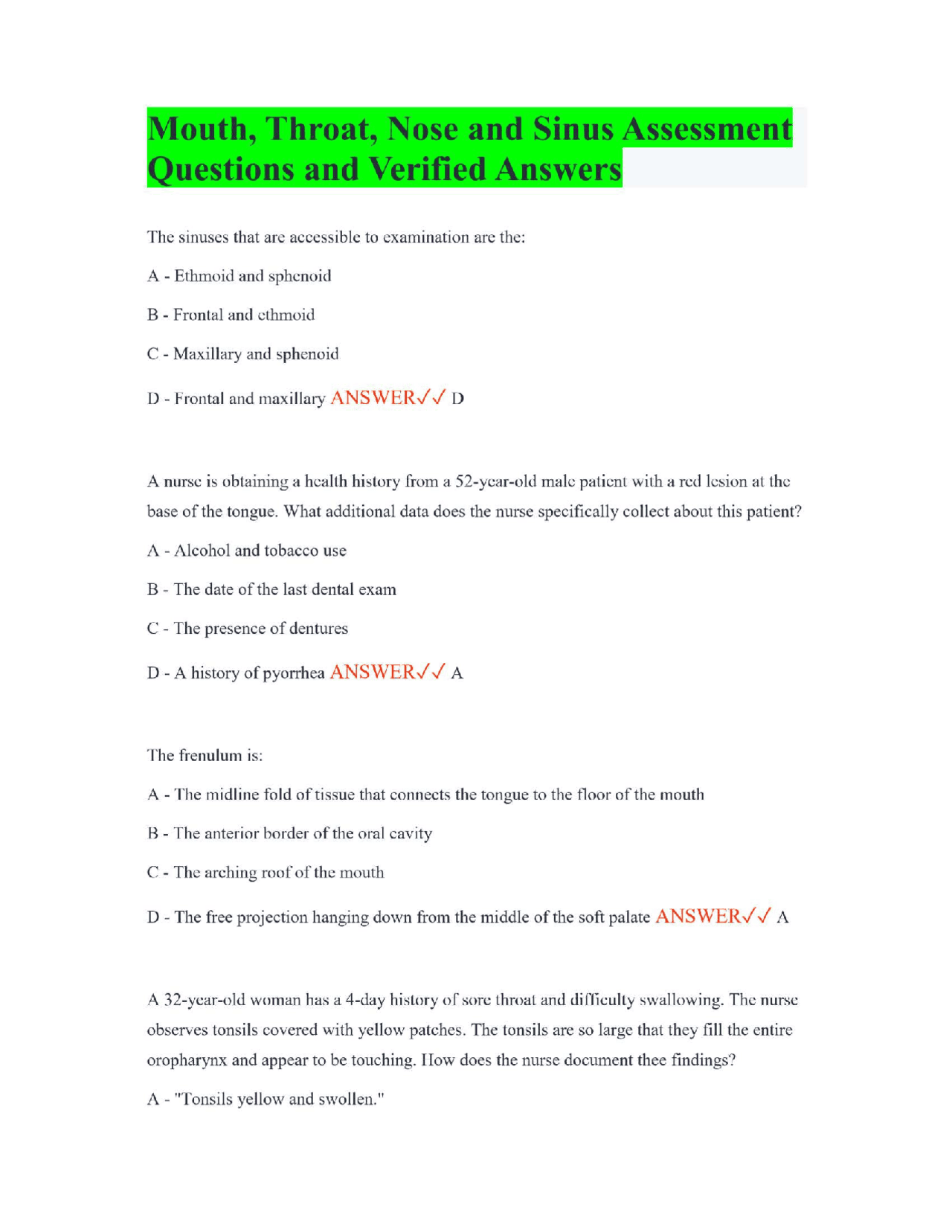 Mouth, Throat, Nose and Sinus Assessment Questions and Verified Answers ...