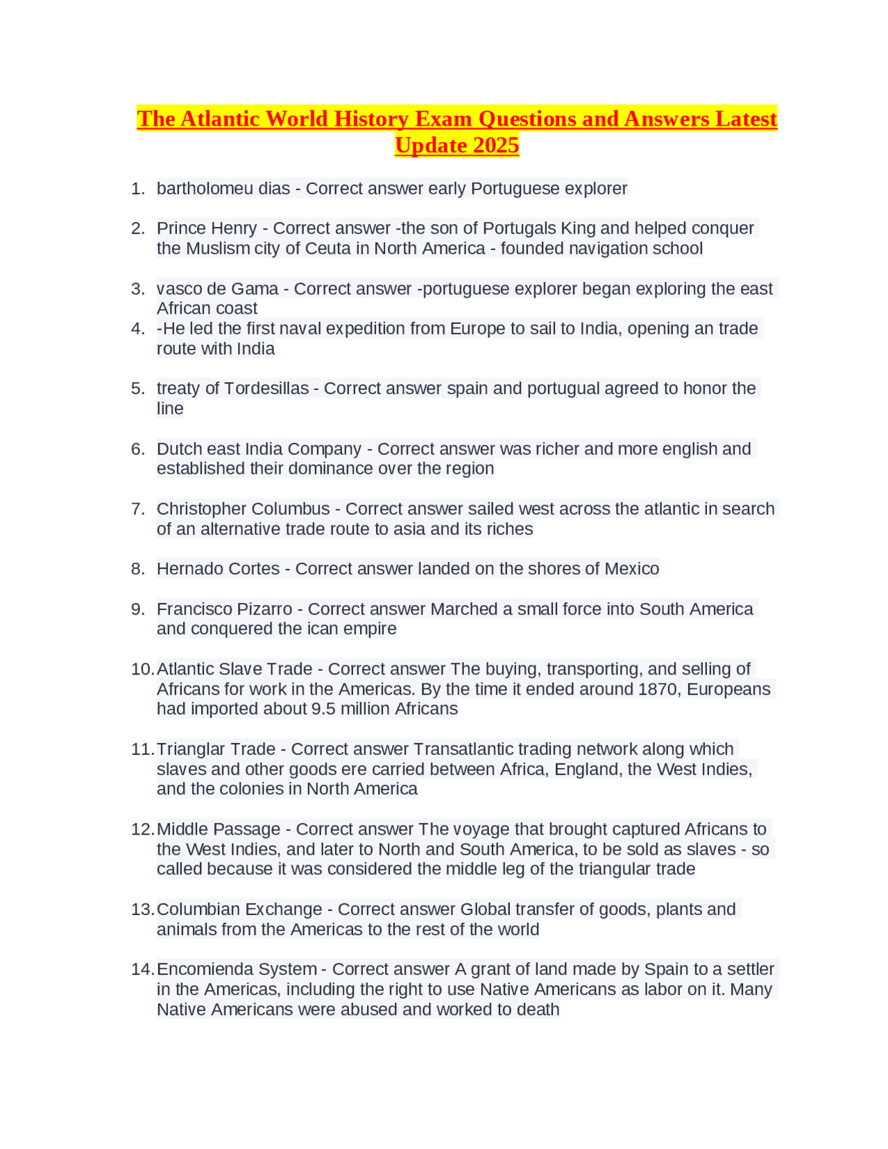 The Atlantic World History Exam Questions and Answers Latest Update ...
