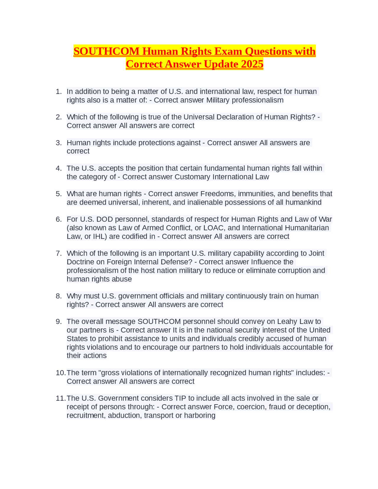 SOUTHCOM Human Rights Exam Questions with Correct Answer Update 2025 ...